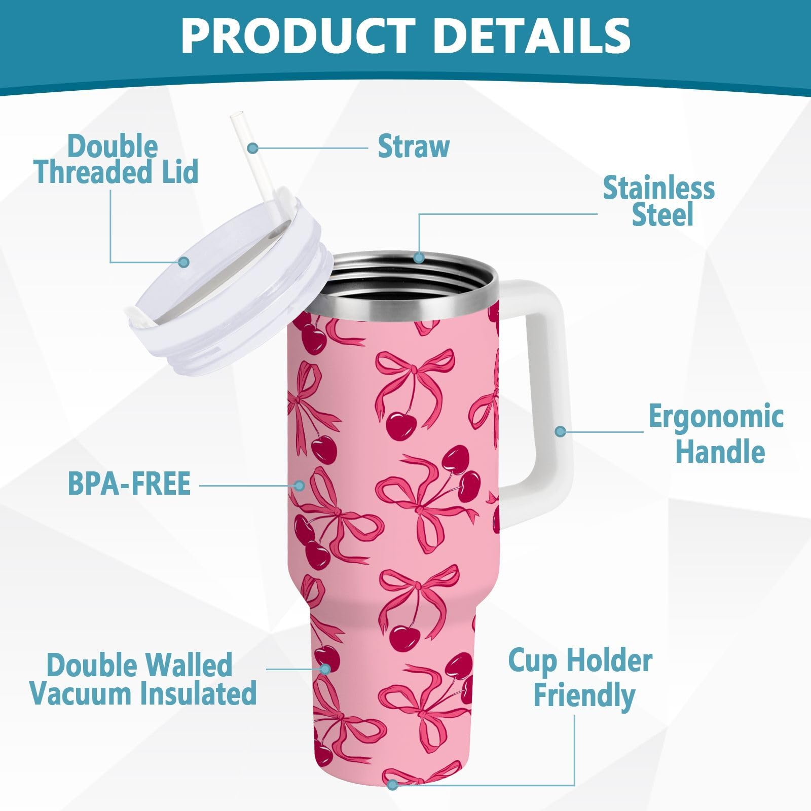 Bseiialft 40 oz Tumbler with Handle Pink Bow Cherry Water Bottle with Lid and Straw Vacuum Insulated Cup Stainless Steel Travel Coffee Mug for Home Office Car