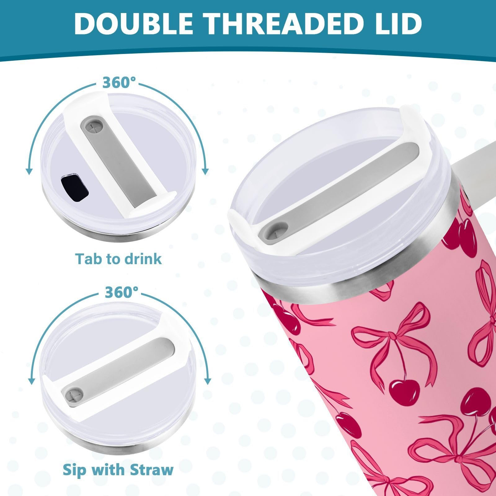 Bseiialft 40 oz Tumbler with Handle Pink Bow Cherry Water Bottle with Lid and Straw Vacuum Insulated Cup Stainless Steel Travel Coffee Mug for Home Office Car