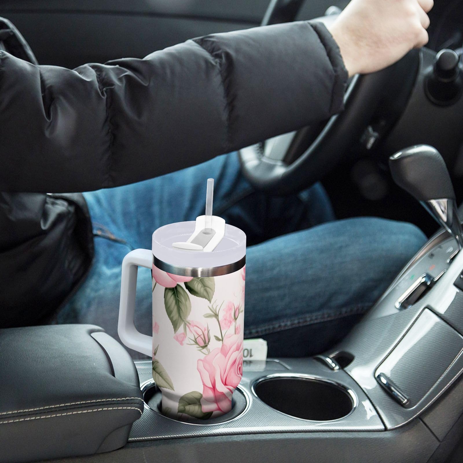 30 oz Chic Pink Rose Insulated Tumbler with Handle, Stainless Steel Vacuum Water Bottles with Lid and Straw for Water, Iced Tea or Coffee