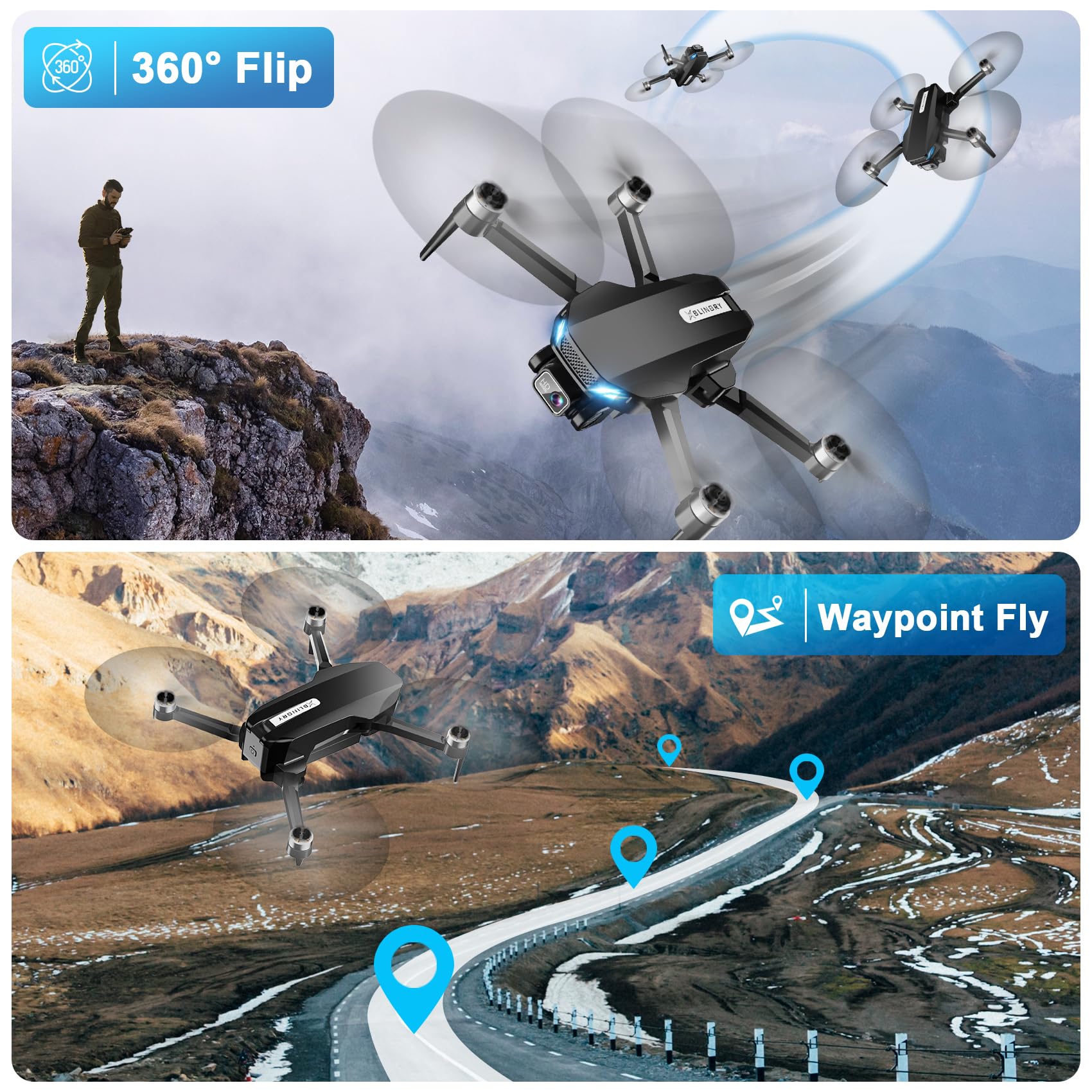 Drone with Camera, 2K HD FPV Drone with Brushless Motor, Altitude Hold, Gesture Selfie, One Key Take Off/Landing, 3D Flips, Waypoint Fly, 2 Batteries, Foldable Mini Drones for Kids and Beginners