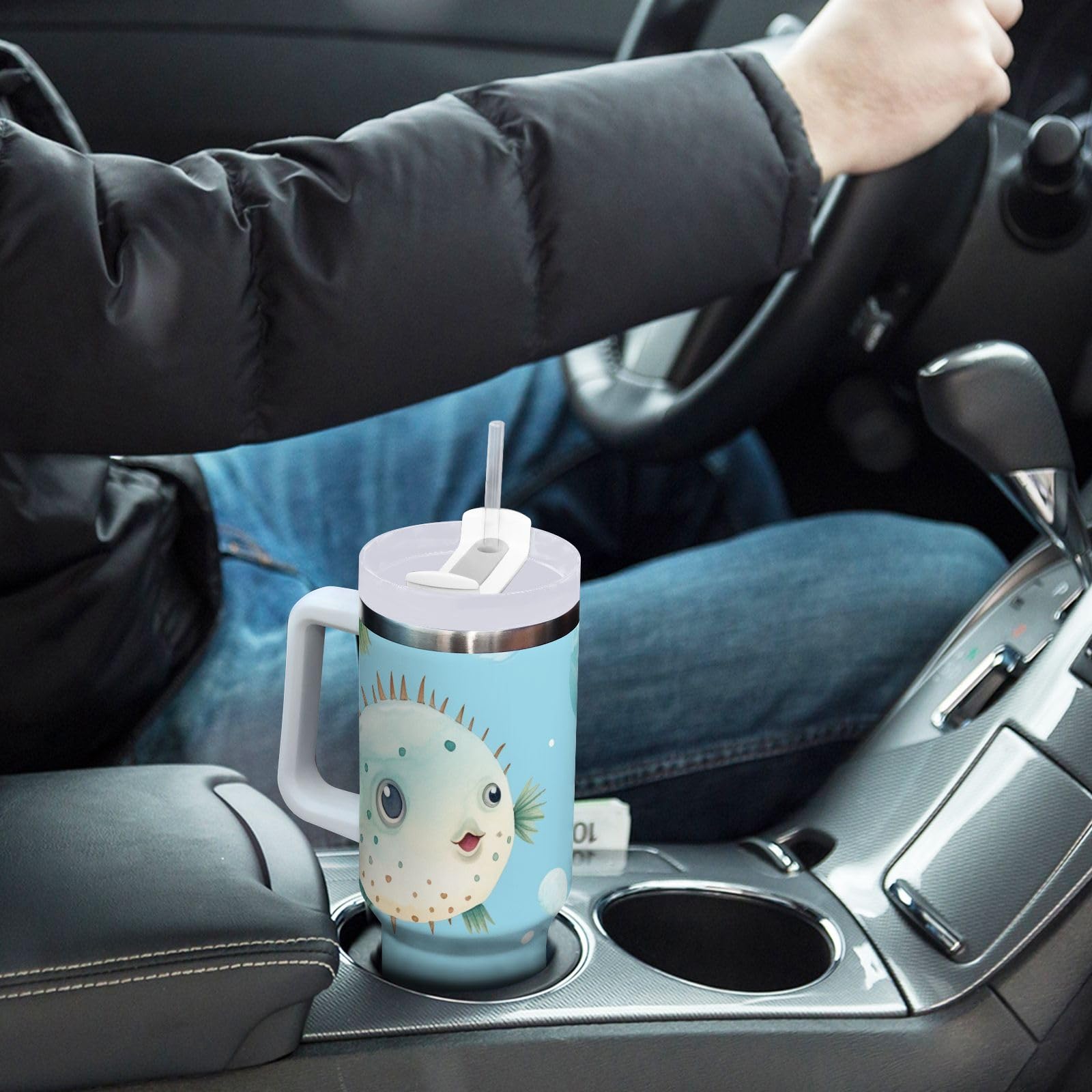 40 oz Cute Pufferfish Insulated Tumbler with Handle, Stainless Steel Vacuum Water Bottles with Lid and Straw for Water, Iced Tea or Coffee