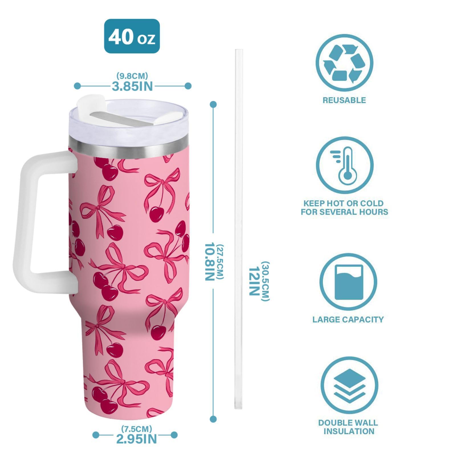 Bseiialft 40 oz Tumbler with Handle Pink Bow Cherry Water Bottle with Lid and Straw Vacuum Insulated Cup Stainless Steel Travel Coffee Mug for Home Office Car