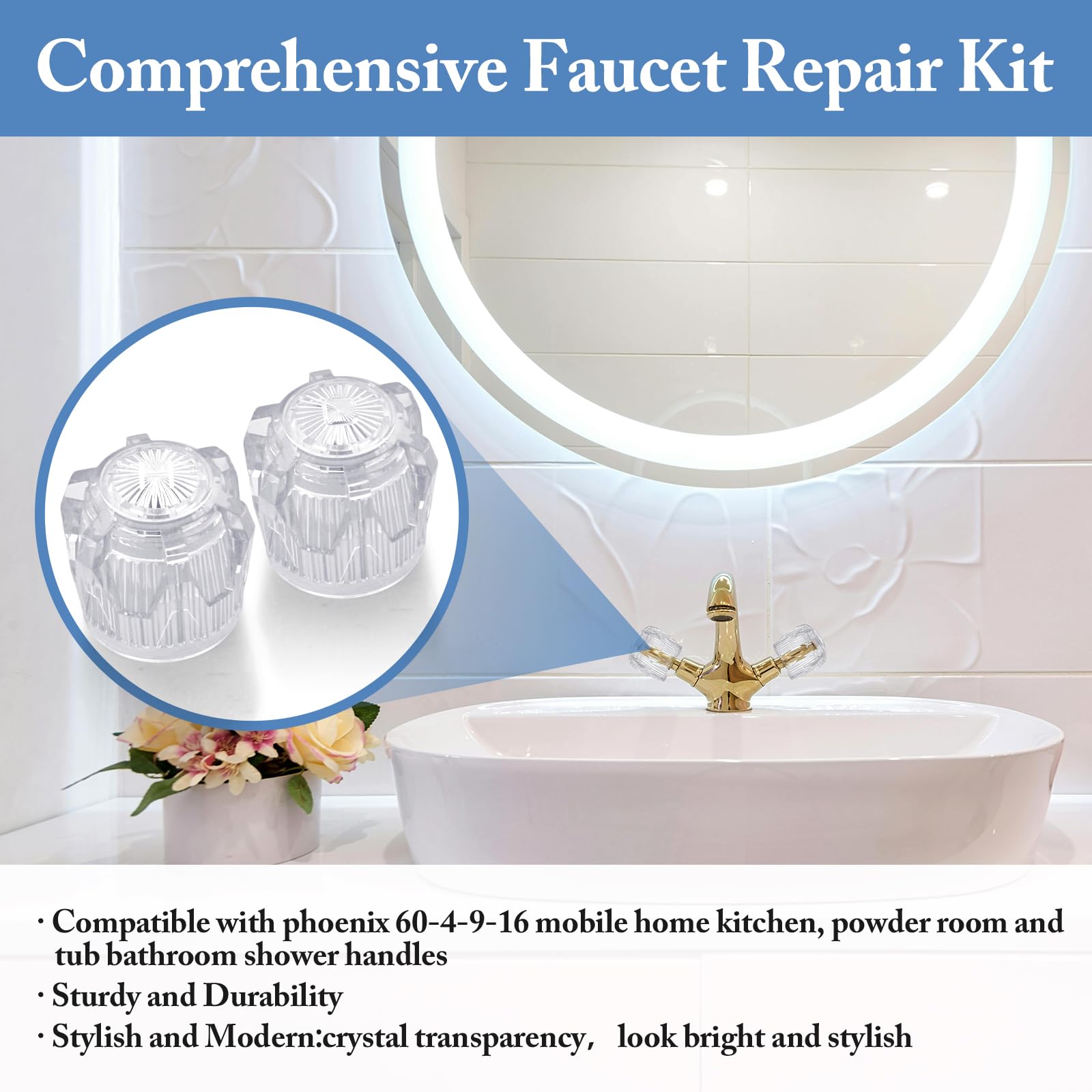 LIBERAQUAR Shower Knob Replacement, Compatible with Phoenix Mobile Home Sink Tub Shower, Acrylic Bathtub Knobs Parts, Clear Faucet Handles with 17pt Spline Point Broach Center Hole(1 Pair)