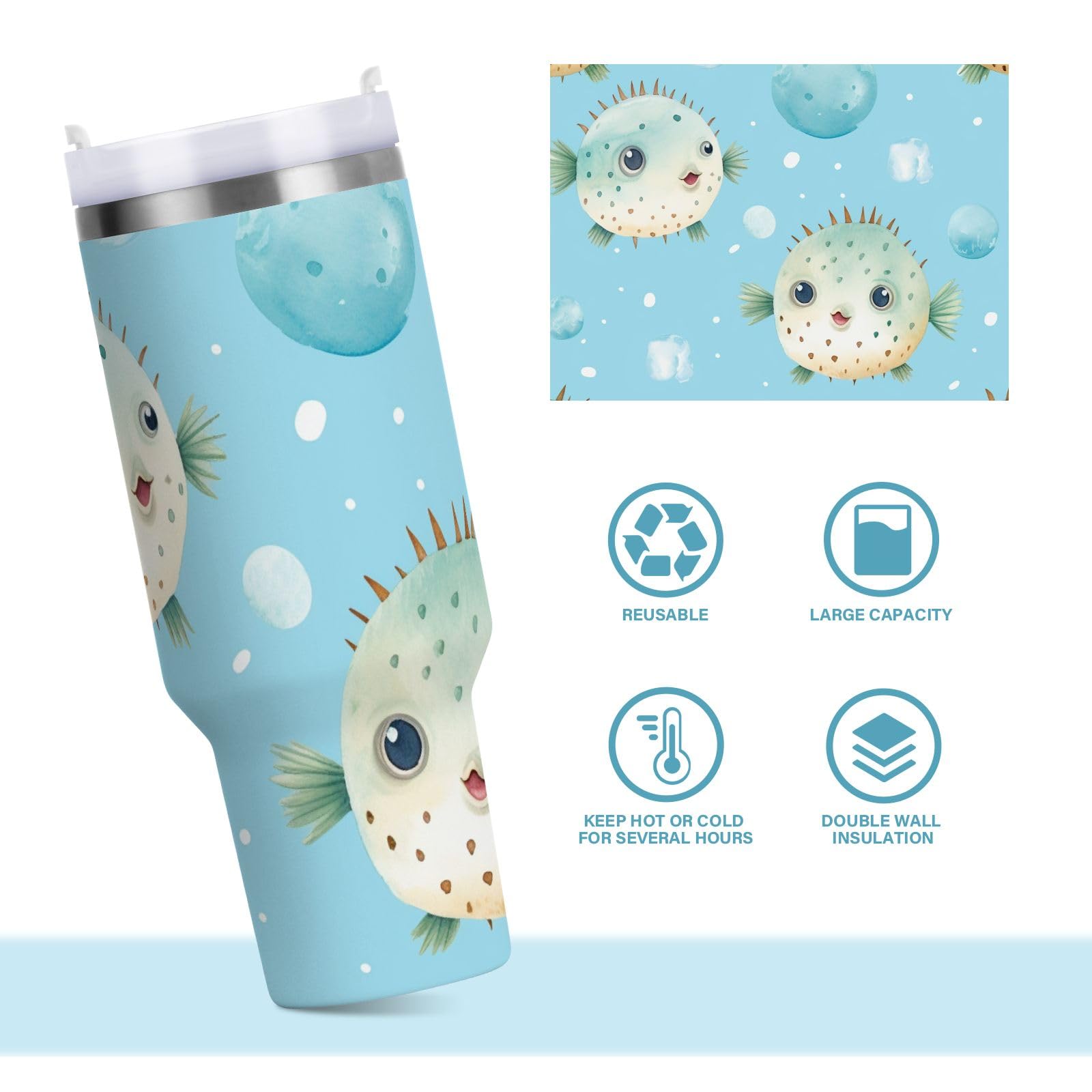 40 oz Cute Pufferfish Insulated Tumbler with Handle, Stainless Steel Vacuum Water Bottles with Lid and Straw for Water, Iced Tea or Coffee