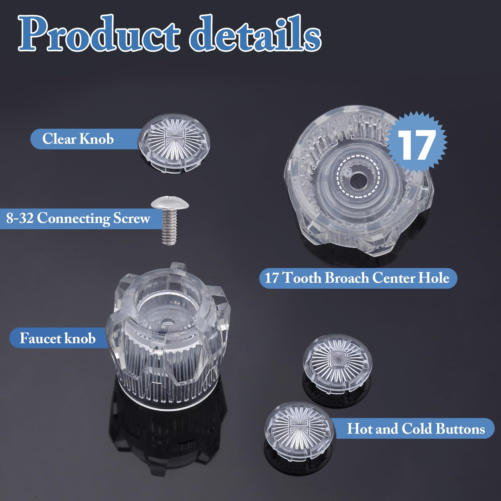 LIBERAQUAR Shower Knob Replacement, Compatible with Phoenix Mobile Home Sink Tub Shower, Acrylic Bathtub Knobs Parts, Clear Faucet Handles with 17pt Spline Point Broach Center Hole(1 Pair)