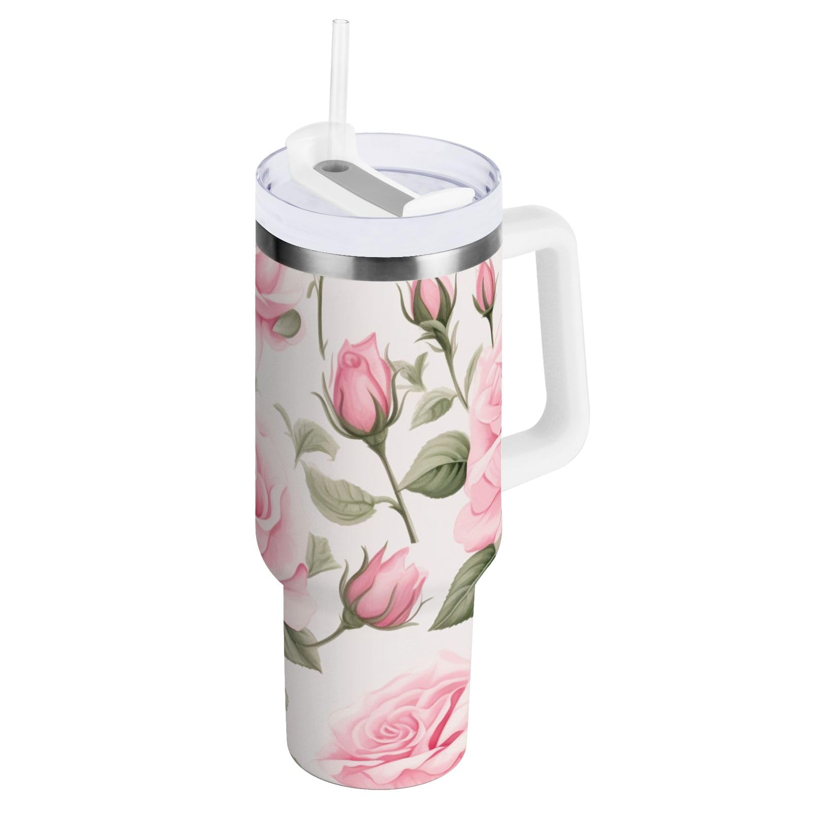 30 oz Chic Pink Rose Insulated Tumbler with Handle, Stainless Steel Vacuum Water Bottles with Lid and Straw for Water, Iced Tea or Coffee