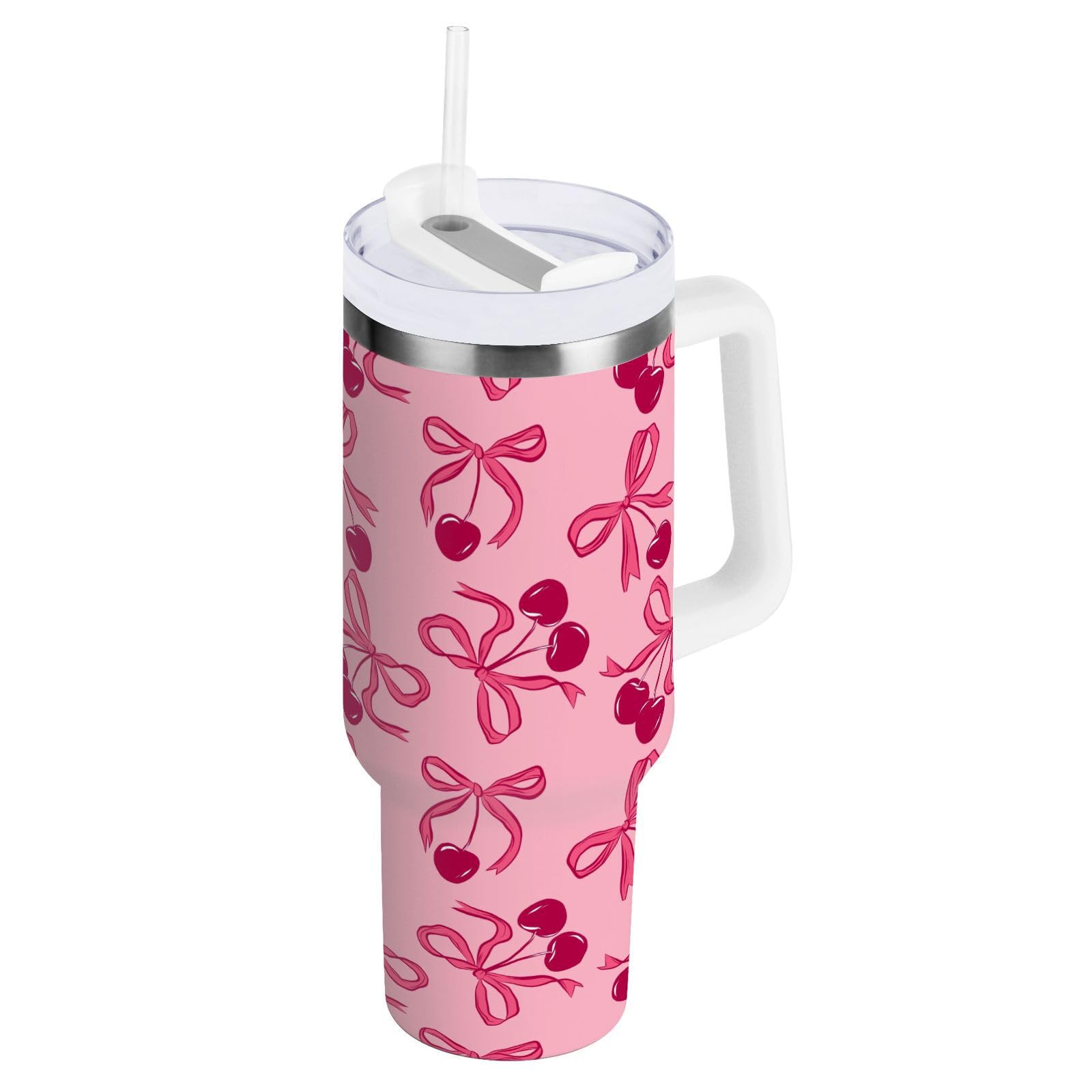 Bseiialft 40 oz Tumbler with Handle Pink Bow Cherry Water Bottle with Lid and Straw Vacuum Insulated Cup Stainless Steel Travel Coffee Mug for Home Office Car