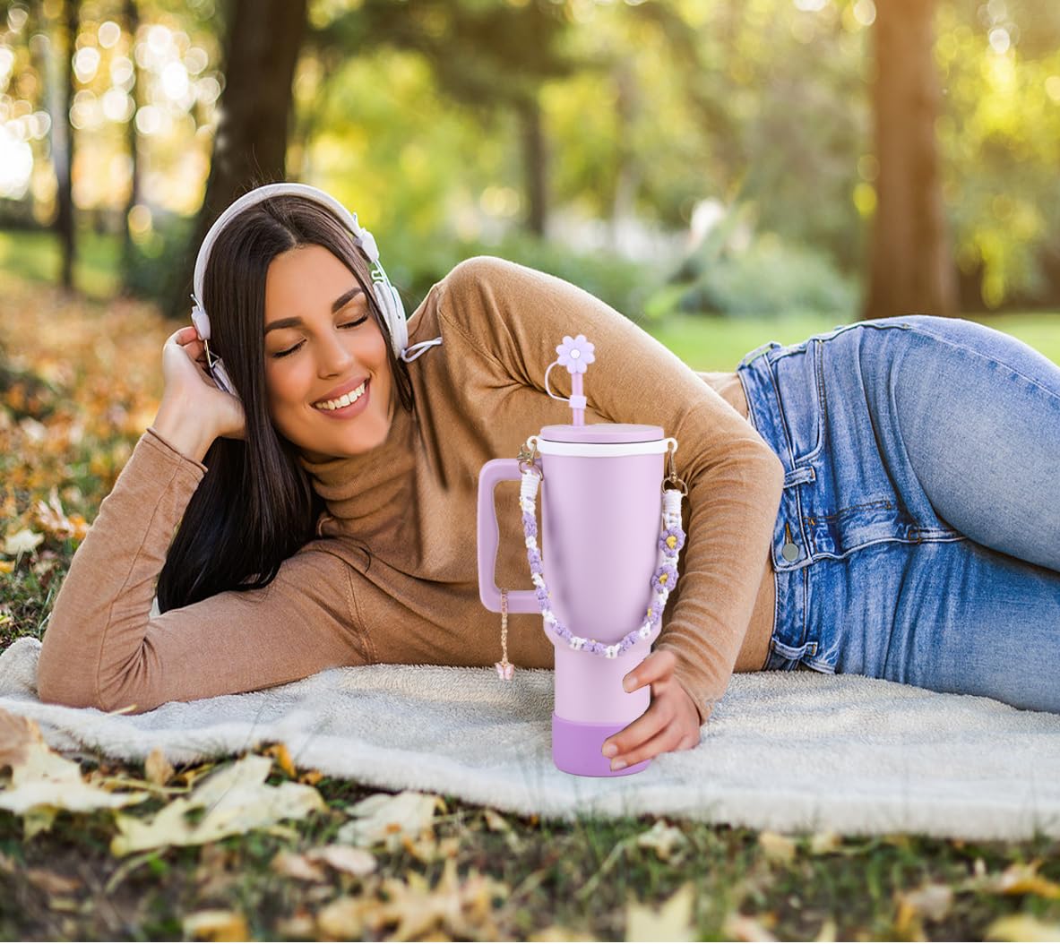 Sanilinwild 40 oz Tumbler with Handle Straw and Accessories, Drop & Abrasion Resistant, Vacuum Double-Layer Insulation, Ideal for Camping, Fitness, Outdoor Use