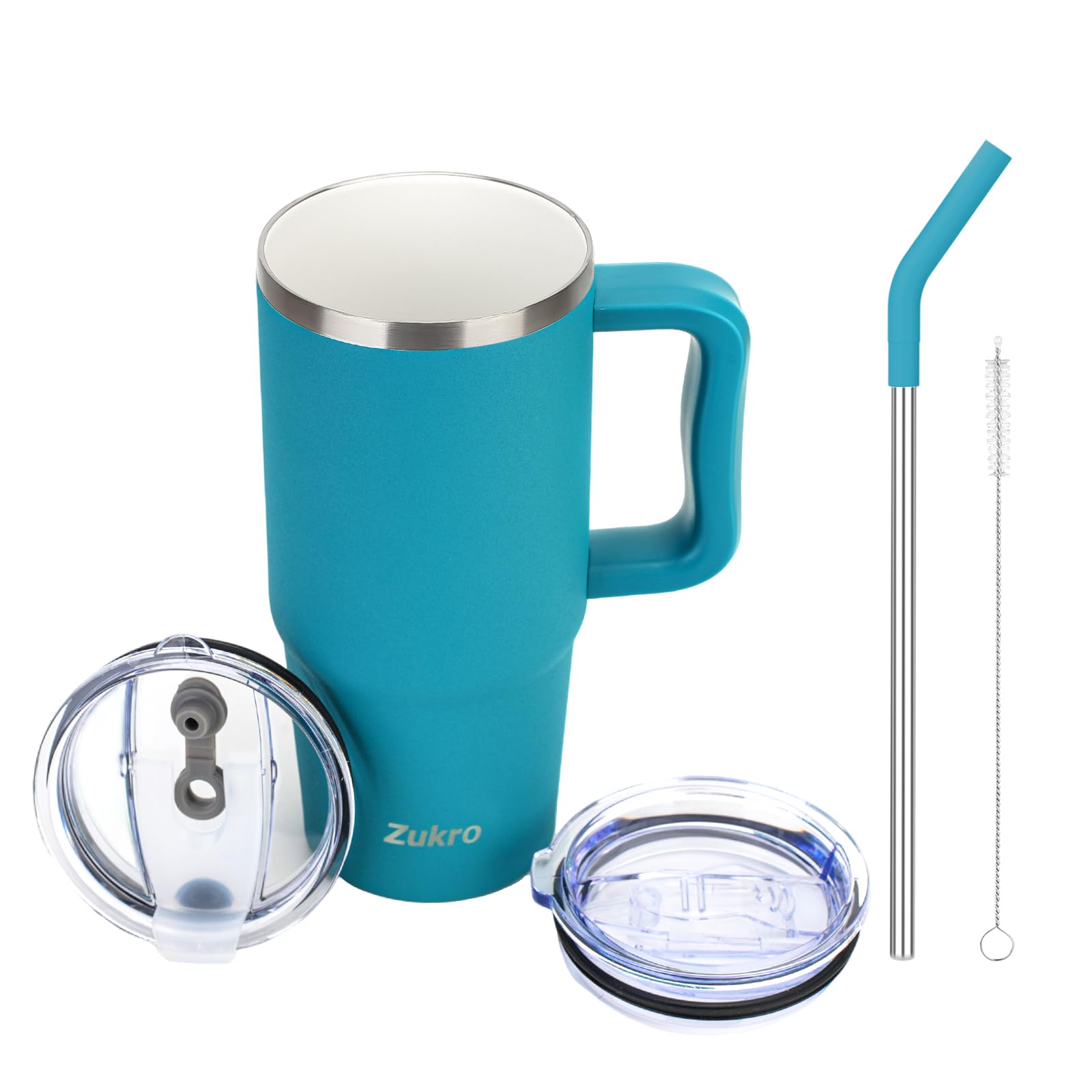 Zukro 24 oz Ceramic Coated Interior Tumbler with Handle and Straw, No Metal taste or Smell, Leakproof No Sweat Stainless Steel Coffee Cup with 2 Lids, Dishwasher Safe Insulated Travel Mug, Teal