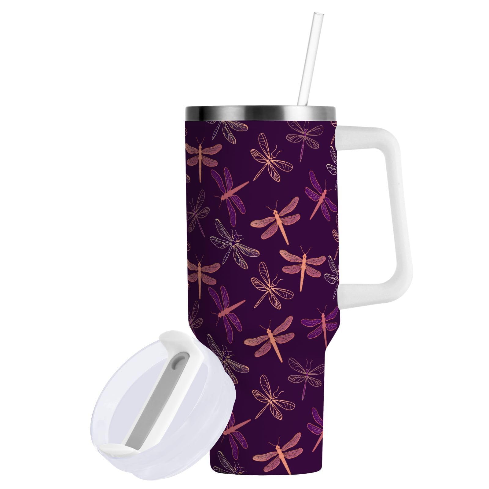 Emelivor Dark Purple Dragonflies 40 oz Tumbler with Lid and Straw Insulated Tumblers with Handle Leak Proof Coffee Tumbler Mug Large Water Bottles for Hot or Ice Coffee Tea