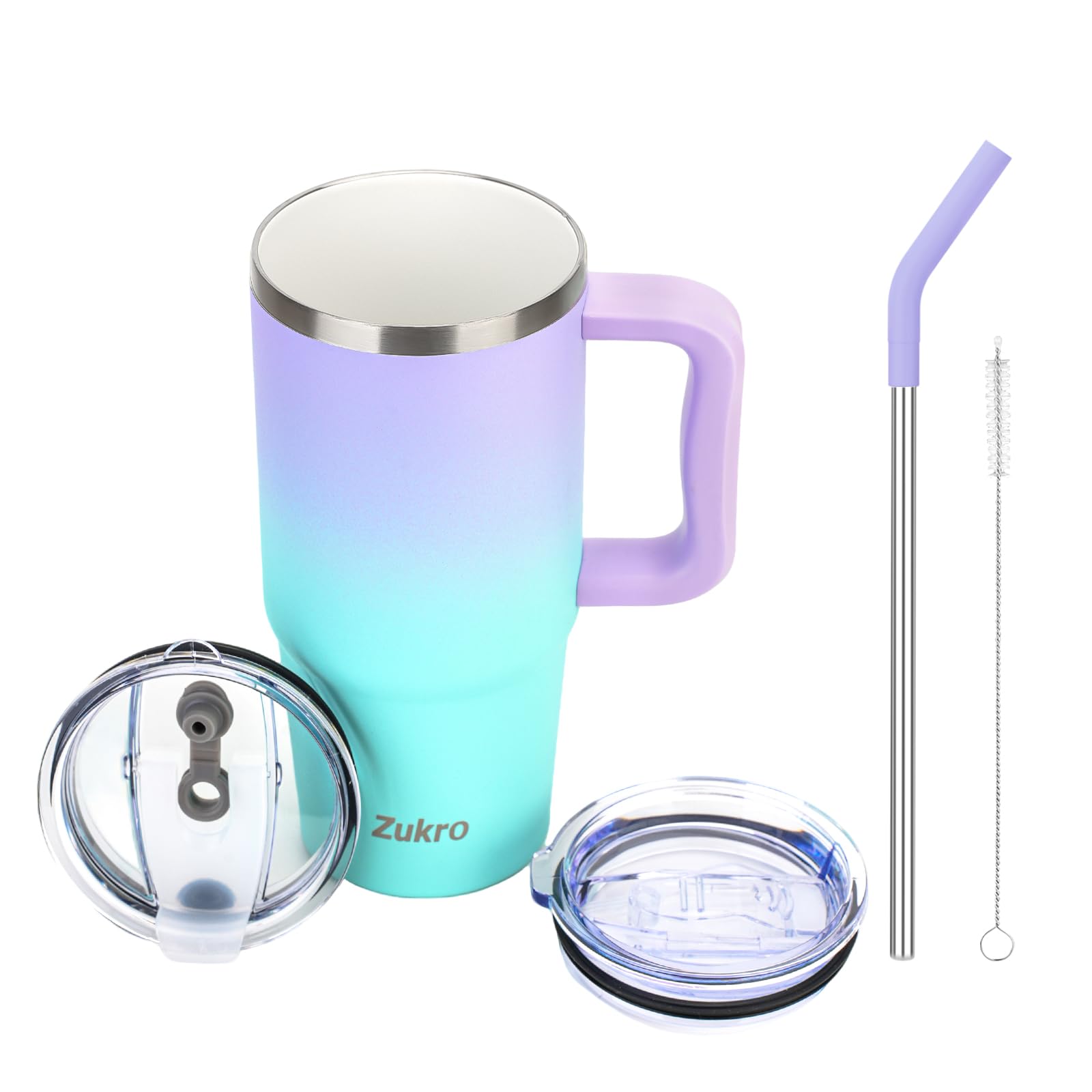 Zukro 24 oz Ceramic Coated Interior Tumbler with Handle and Straw, No Metal taste or Smell For Pure Taste, Leakproof No Sweat Stainless Steel Coffee Cup with 2 Lids, Insulated Travel Mug