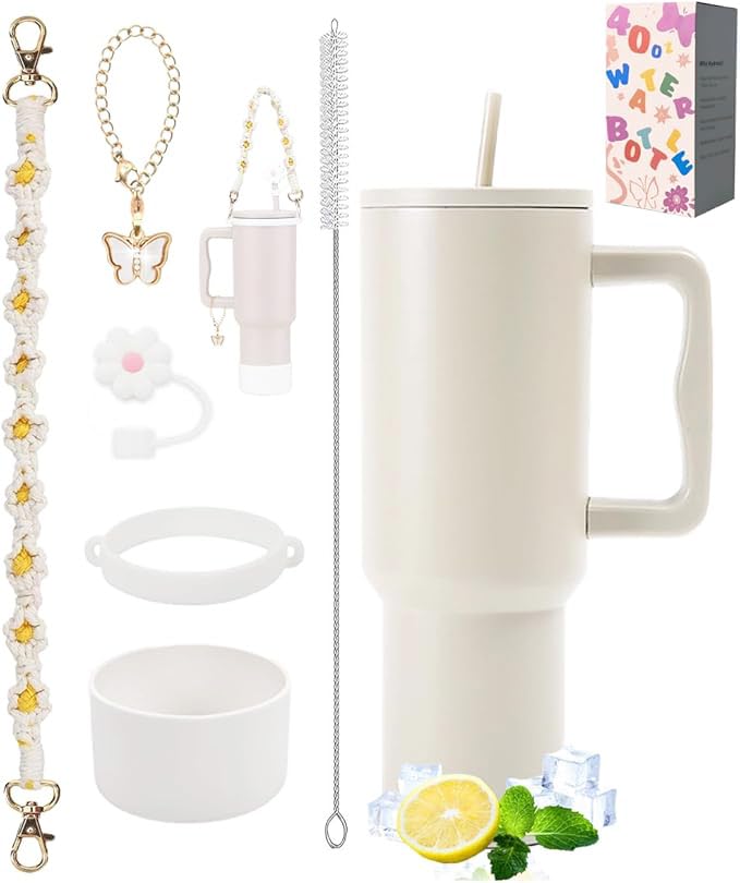 40 oz Tumbler with Handle and Straw & 6PCS Cup Accessories for 40 oz Cup - Vacuum Insulated Stainless Steel Double Wall Water Bottle Travel Coffee Mug - Holiday Gifts for Women Men (Cream)