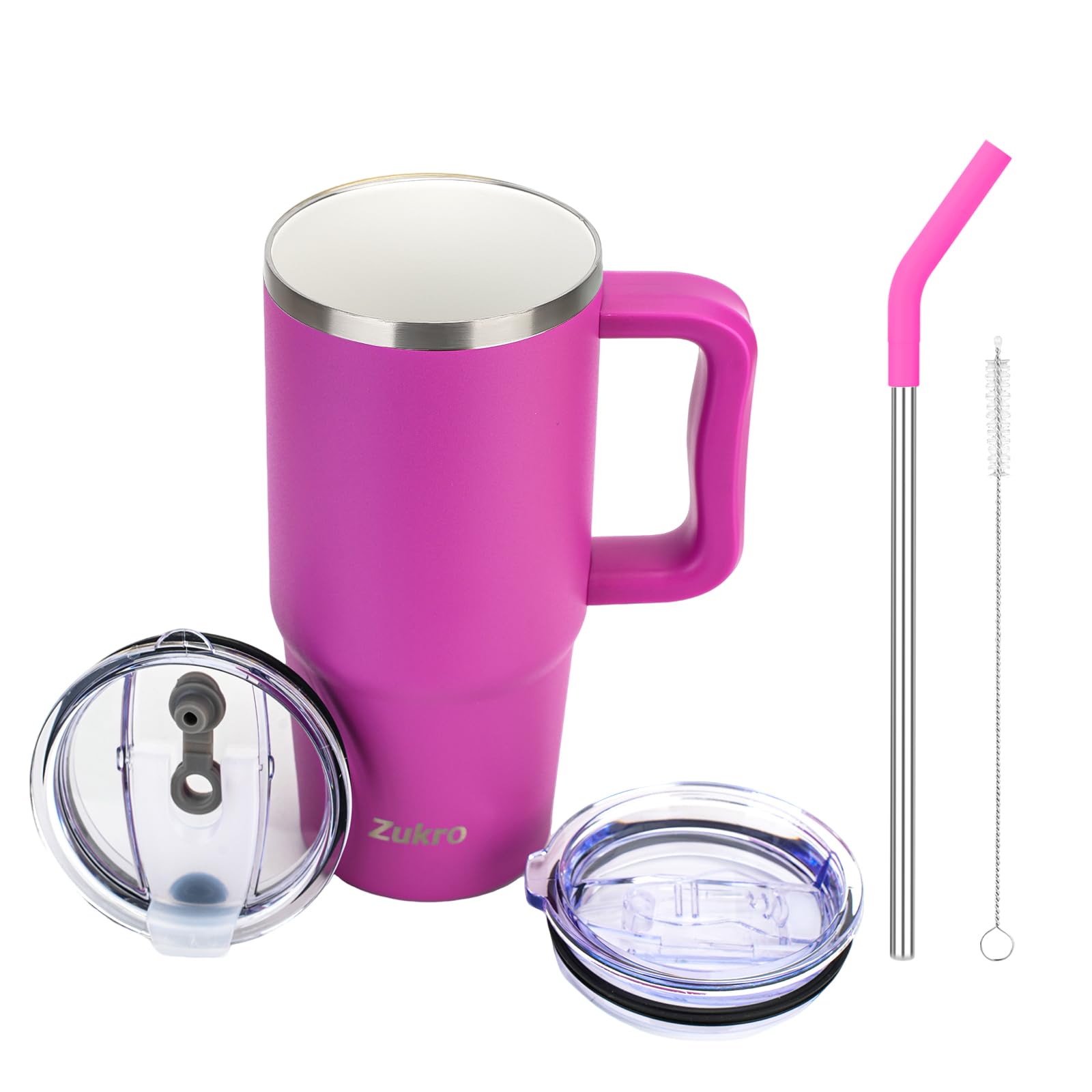 Zukro 24 oz Ceramic Coated Interior Tumbler with Handle and Straw, No Metal taste or Smell For Pure Taste, Leakproof No Sweat Stainless Steel Coffee Cup with 2 Lids, Insulated Travel Mug, Purple
