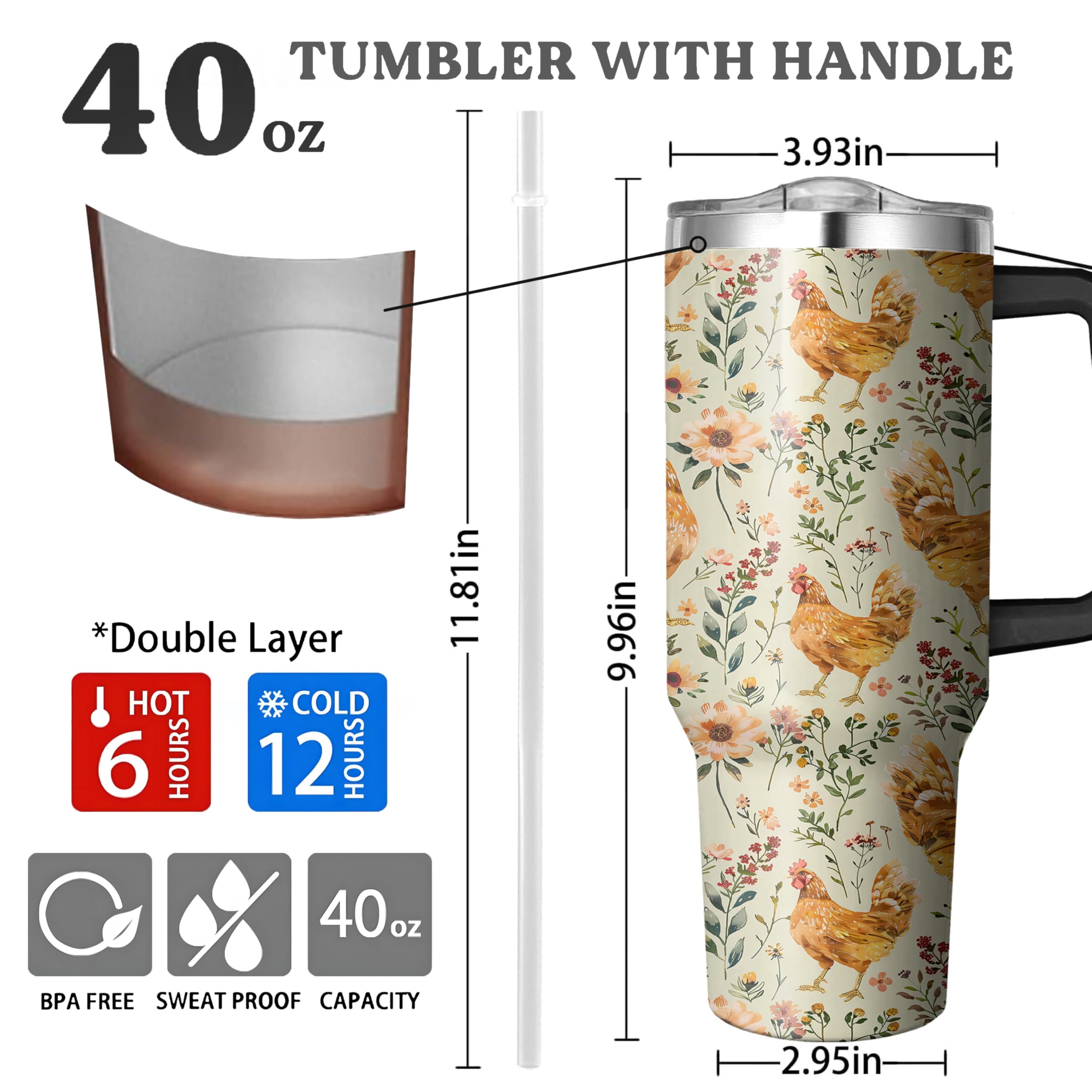 Ksoemar 40 Oz Chicken Tumbler with Handle and Straw, Double Wall Stainless Steel Mug, Insulated Rooster Cup Gifts for Chicken Lovers, Travel Mug