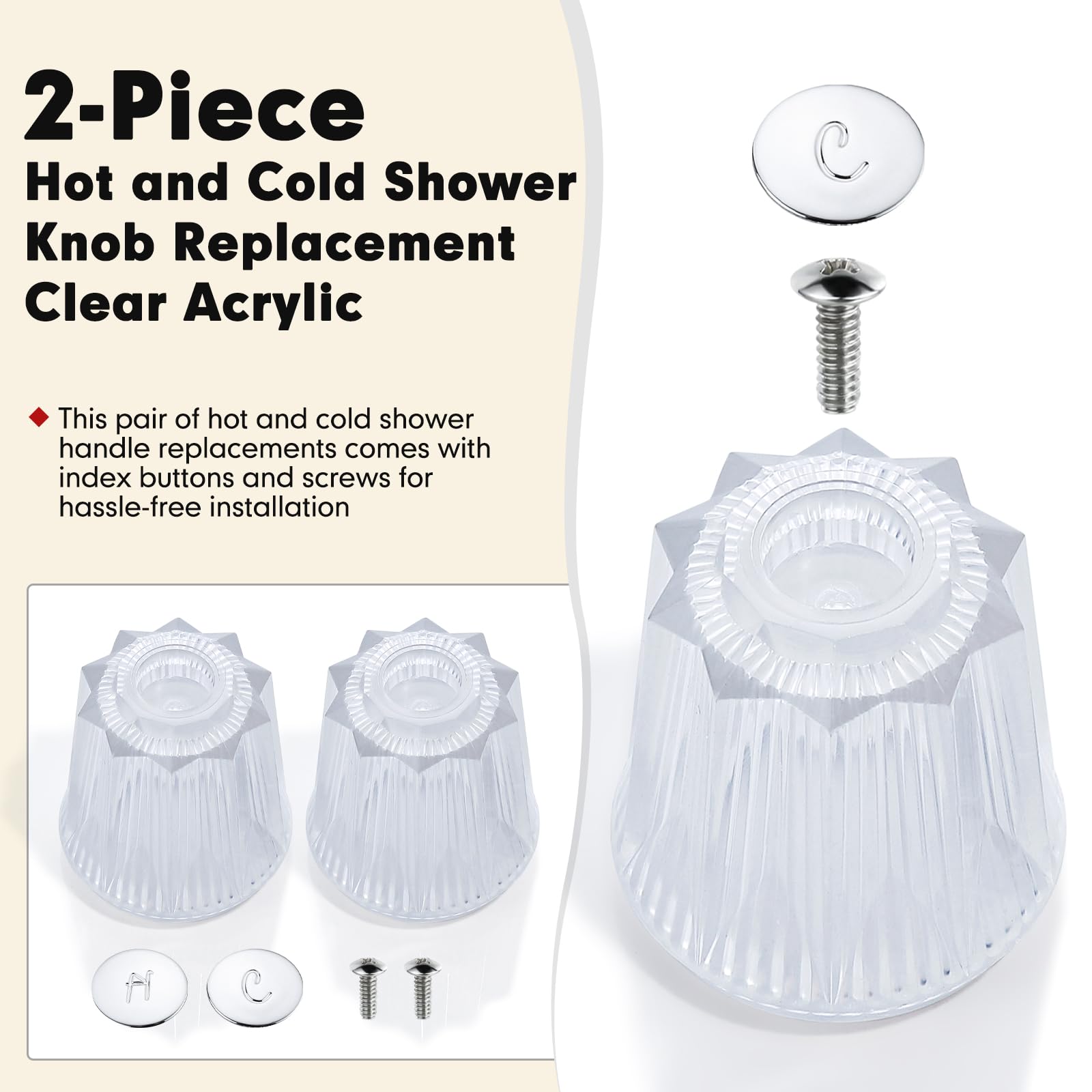 Shower Knob Replacement, Handle Replacement Compatible with Price Pfister Contessa and Windsor Tub and Shower Faucets,Hot and Cold Sink Faucet Knobs Handle Replacement Parts,Clear Acrylic