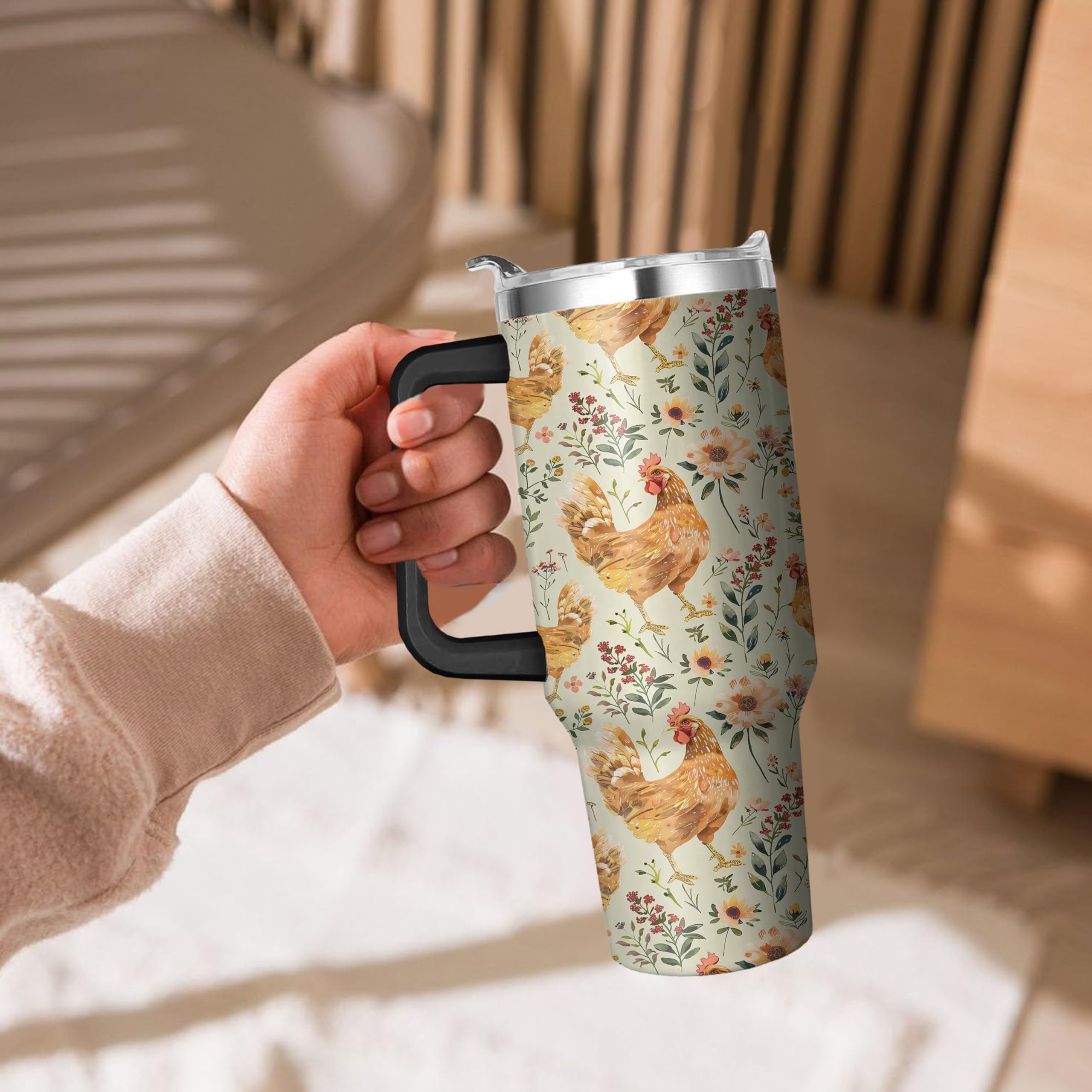 Ksoemar 40 Oz Chicken Tumbler with Handle and Straw, Double Wall Stainless Steel Mug, Insulated Rooster Cup Gifts for Chicken Lovers, Travel Mug