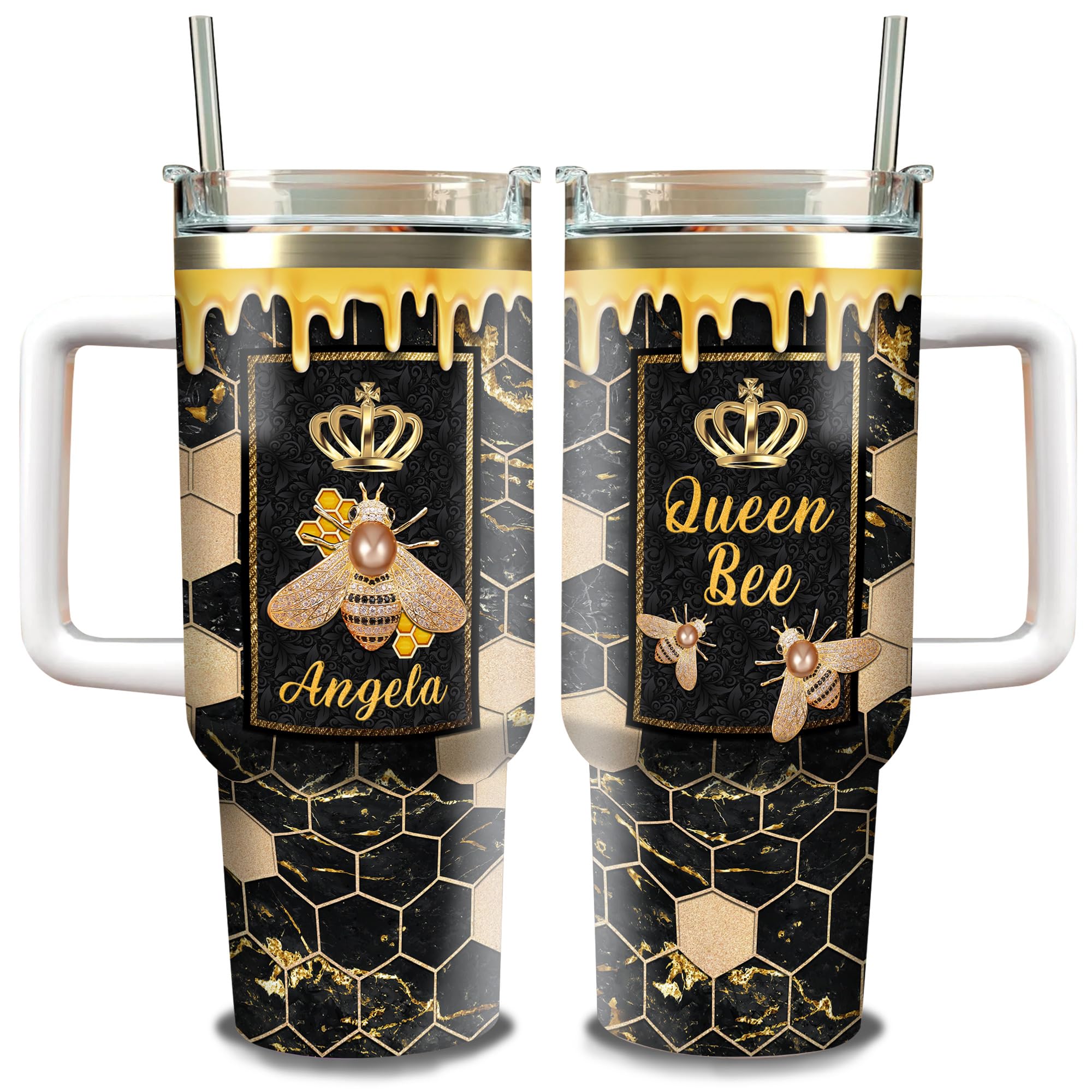 WAZONE Personalized Queen Bee Tumbler with Handle and Straw 40oz Custom Name Double Wall Vacuum Stainless Steel Travel Coffee Mug Novelty Jewelry Style Birthday Gift For Bee Keeper Girls Women