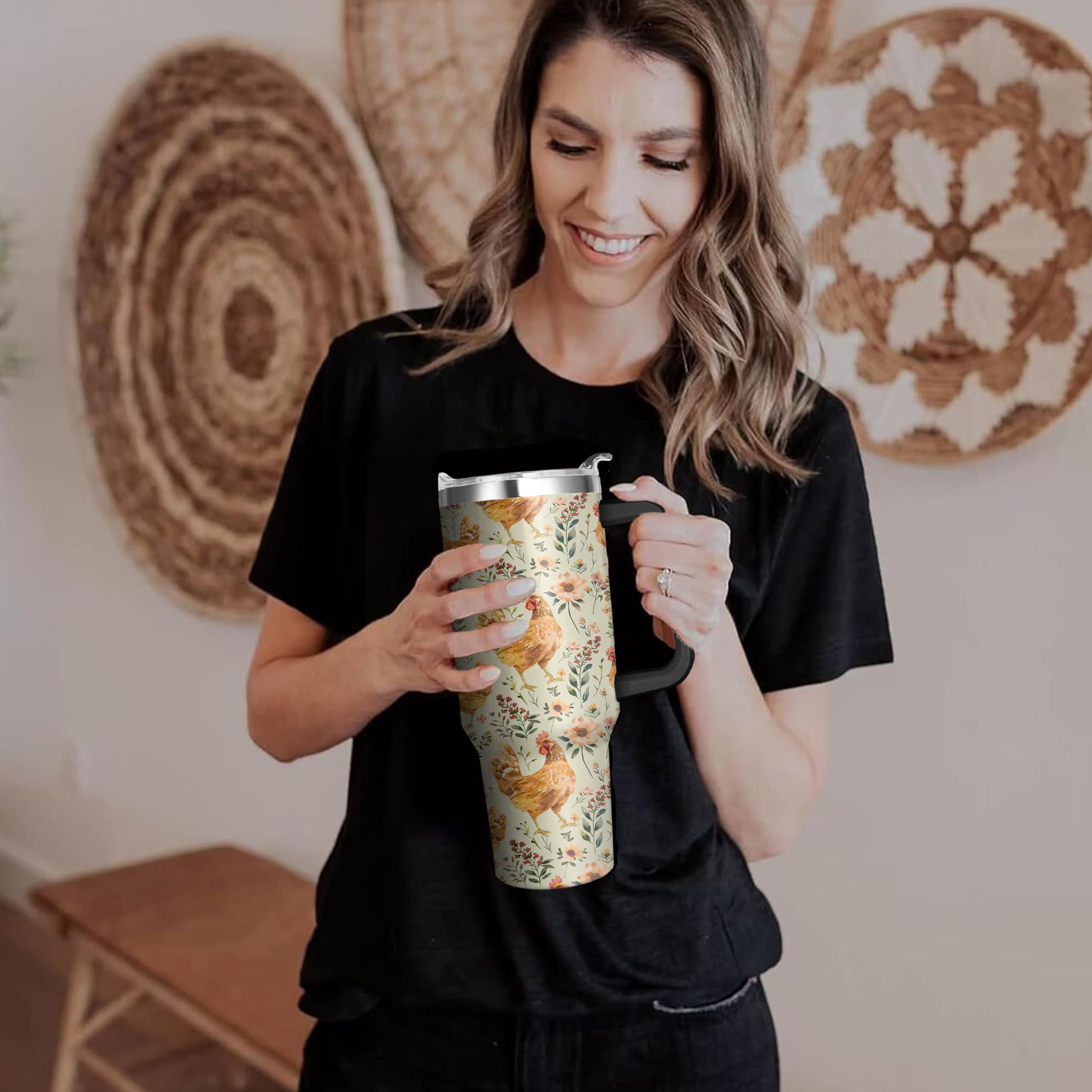 Ksoemar 40 Oz Chicken Tumbler with Handle and Straw, Double Wall Stainless Steel Mug, Insulated Rooster Cup Gifts for Chicken Lovers, Travel Mug