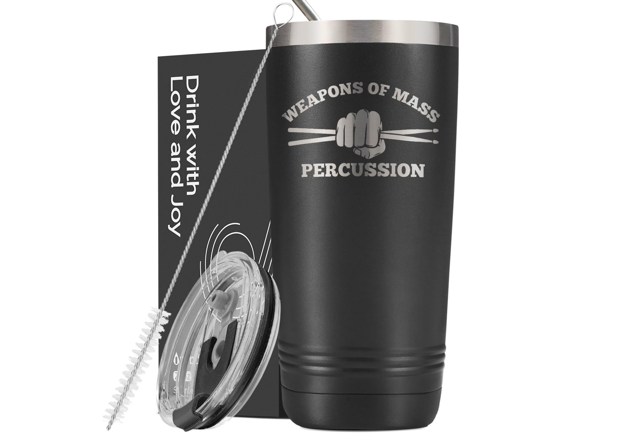 Onebttl Funny Drummer Gifts For Men, Women, Music Lover Gifts for Drummers, 20 oz/590 ml Stainless Steel Insulated Tumbler with Straw, Lid, Weapons of Mass Percussion