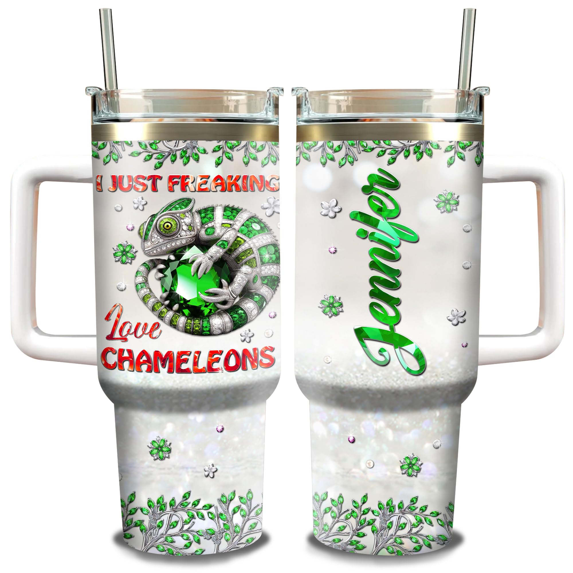 WAZONE Personalized Chameleon Tumbler 40oz with Handle and Straw Custom Name I Just Freaking Love Chameleons Stainless Steel Tumblers Jewelry Style Travel Mug Gifts for Women Animal Lovers