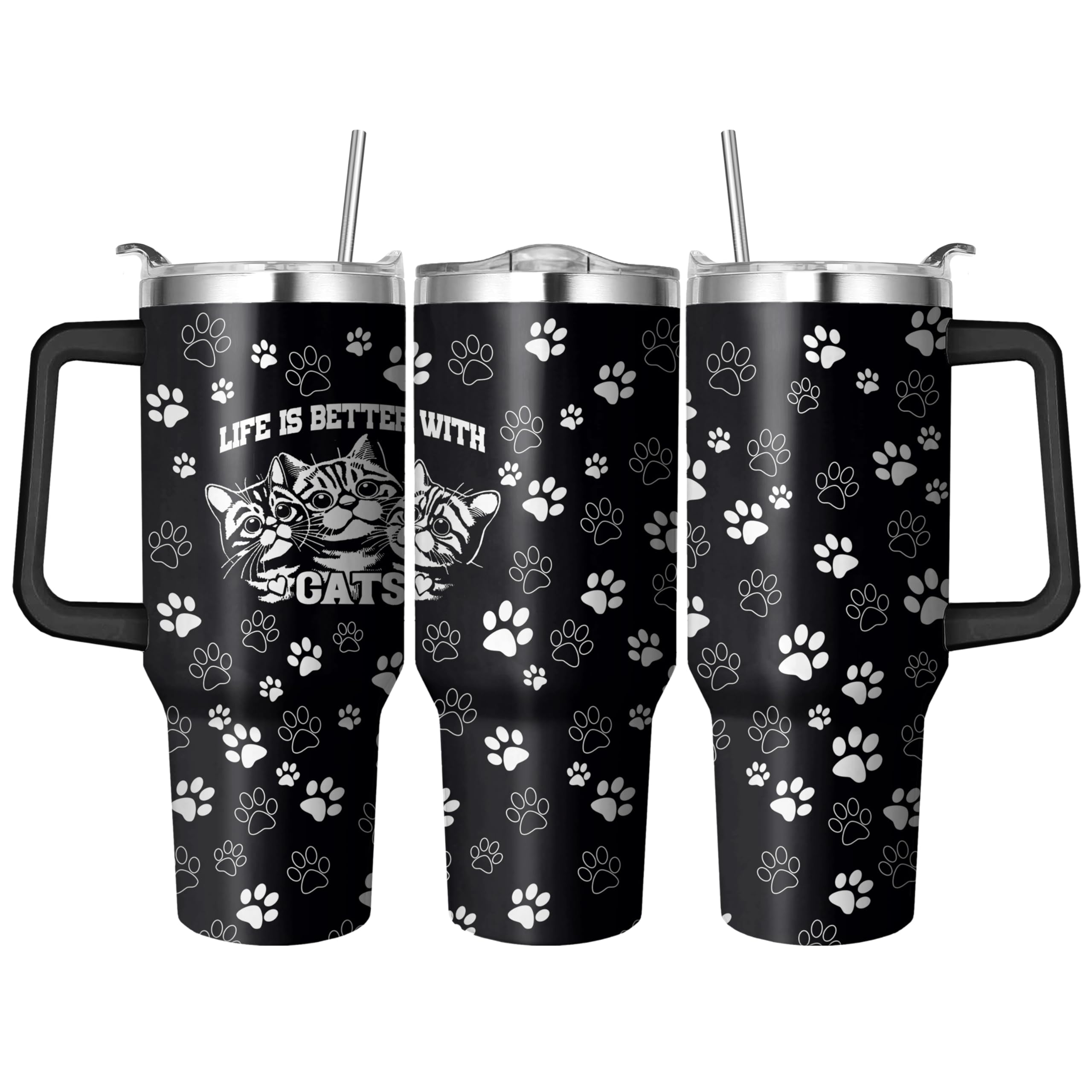 40 Oz Black Cat Tumbler With Handle and Straw, Double Wall Stainless Steel Insulated Mug for Cat Lovers, Mom or Dad - Cups Gifts for Women