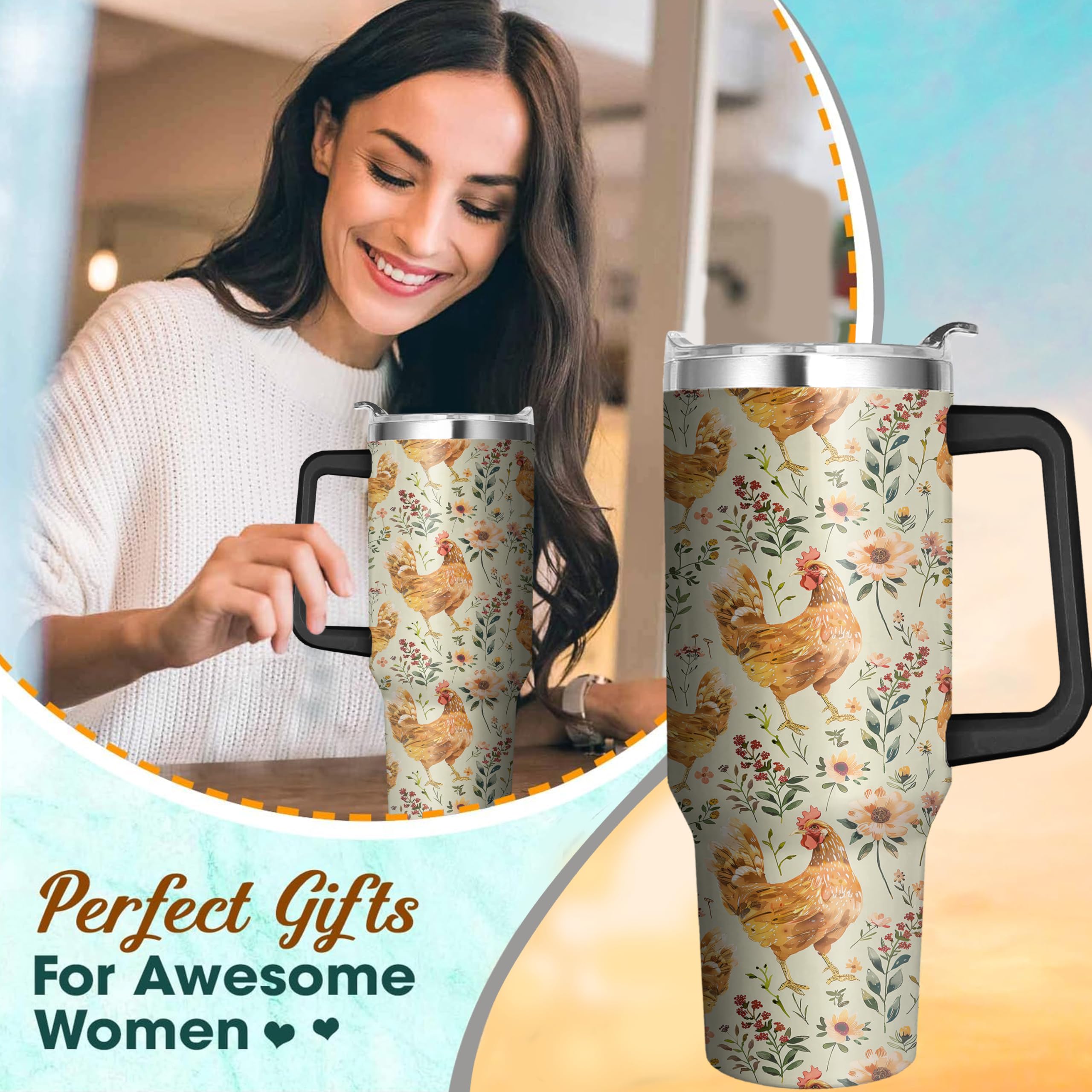 Ksoemar 40 Oz Chicken Tumbler with Handle and Straw, Double Wall Stainless Steel Mug, Insulated Rooster Cup Gifts for Chicken Lovers, Travel Mug