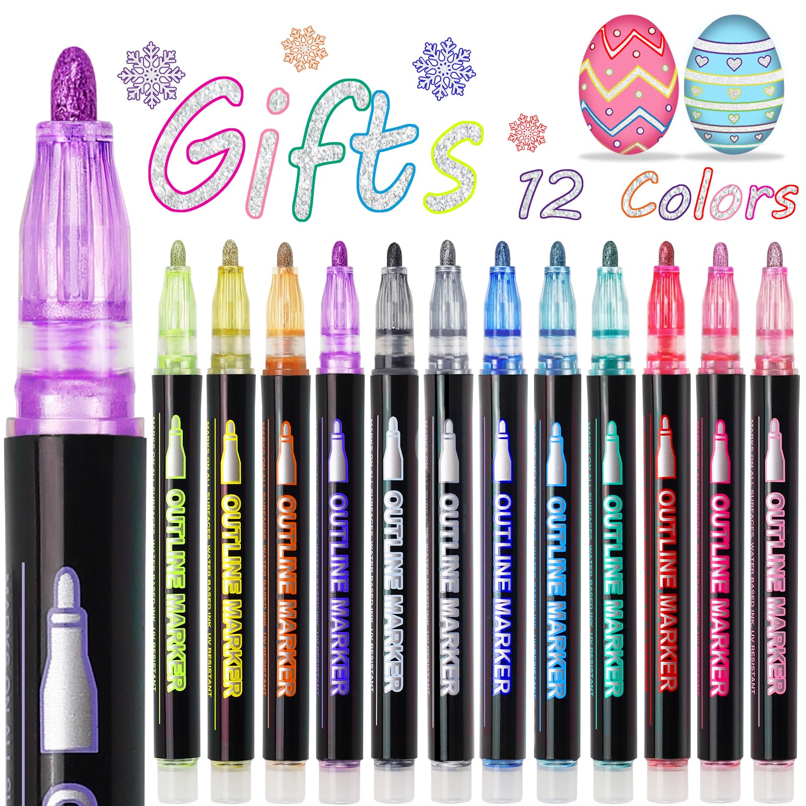 Easter Basket Essentials, 12 Shimmer Markers Outline Glitter Pens, Easter Basket Stuffers, Teen Girl Gifts Trendy Stuff, School Art Supplies Crafts Gifts 4 5 6 7 8 9 10 12 Year Old Kids Tween Girls