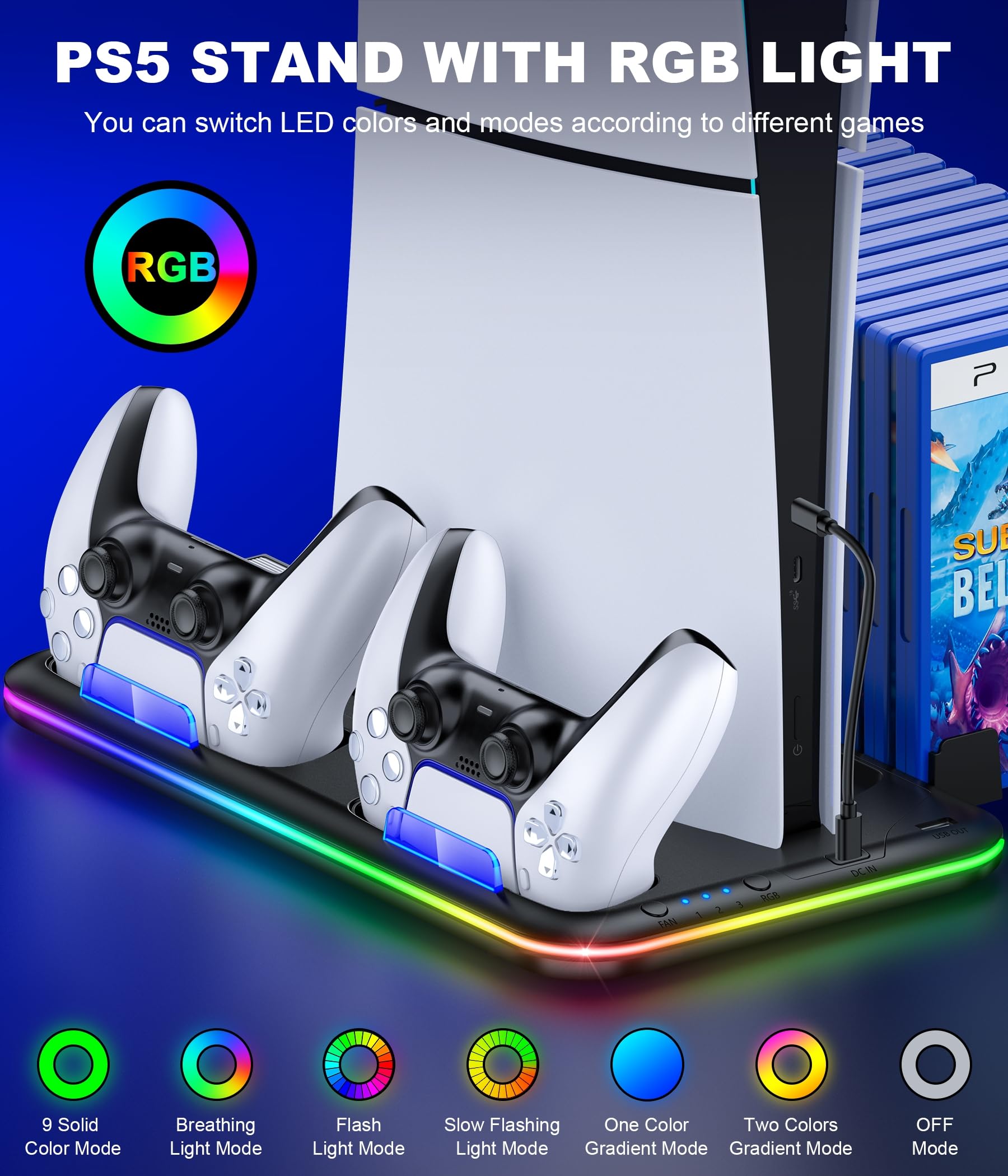 PS5/PS5 Slim Stand and Cooling Station with Controller Charging Station for Playsation 5, PS5 Accessories Kit Incl. 3 Levels Cooling Fan, LED, 15 Game Slot, Headset Holder for PS5 Digital/Disc Console