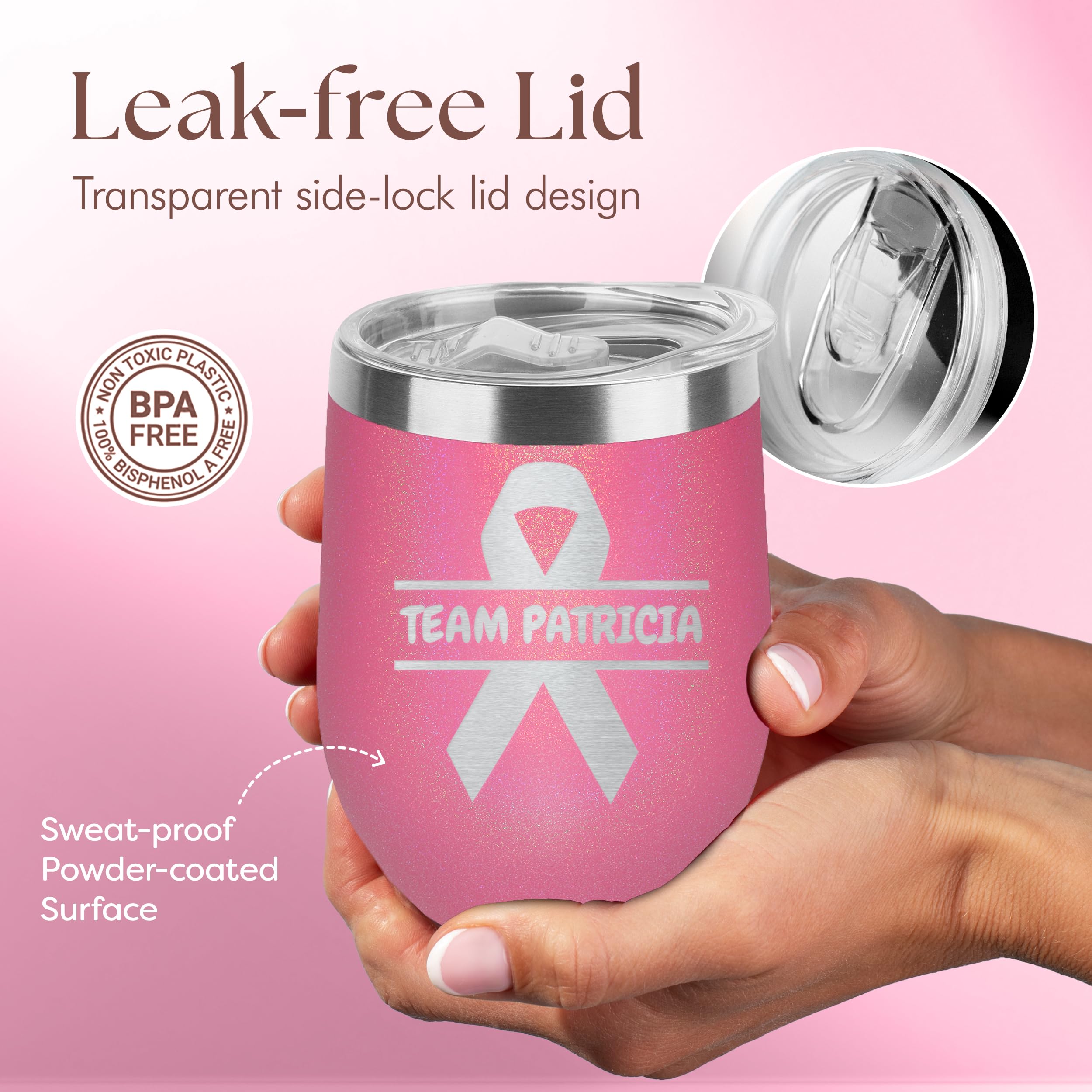 Personalized Custom Breast Cancer Ribbon Your Name Engraved Insulated Stainless Steel Wine Tumbler with Lid 12 oz. Gift for Her (Sparkly Pink)