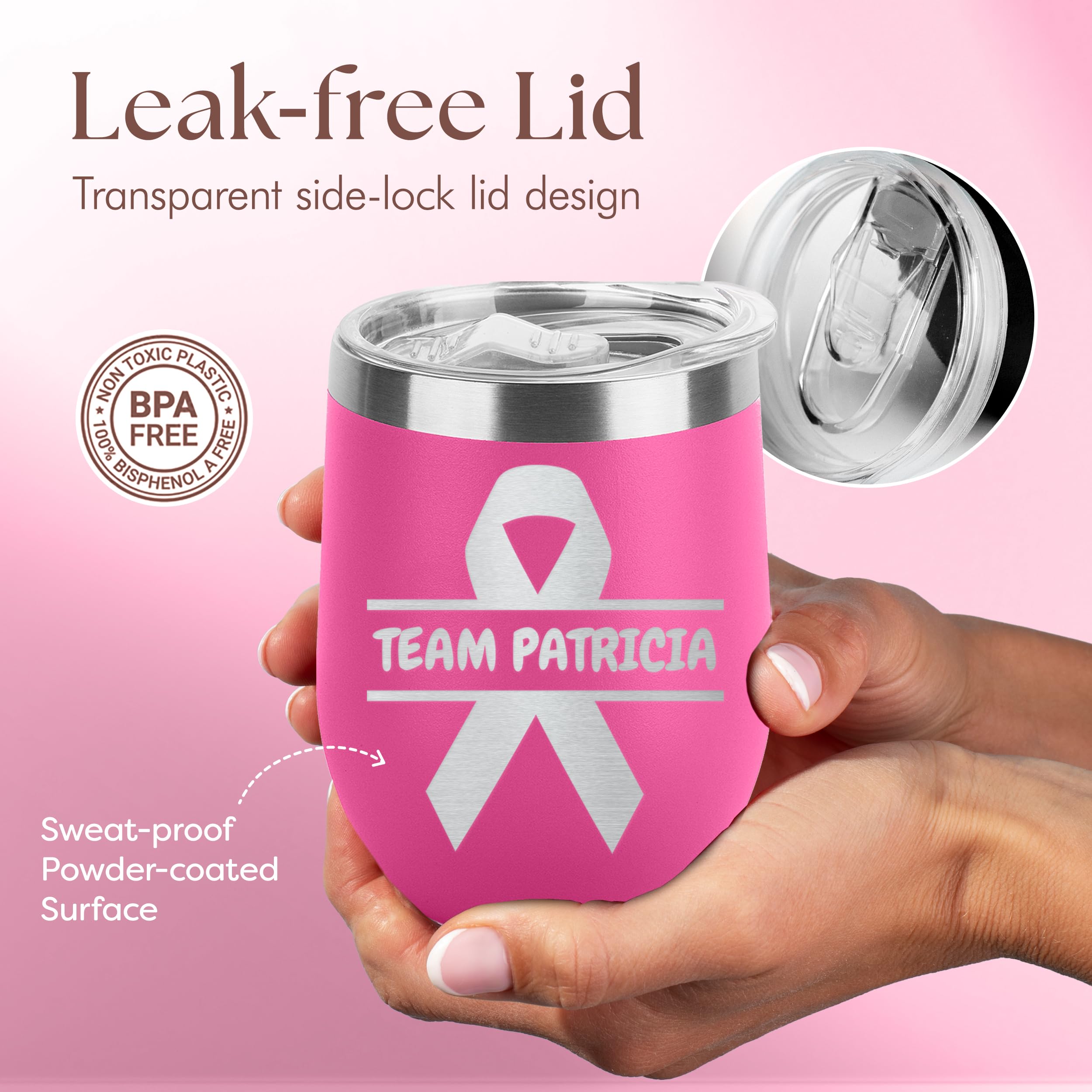 Personalized Custom Breast Cancer Ribbon Your Name Engraved Insulated Stainless Steel Wine Tumbler with Lid 12 oz. Gift for Her (Pink)