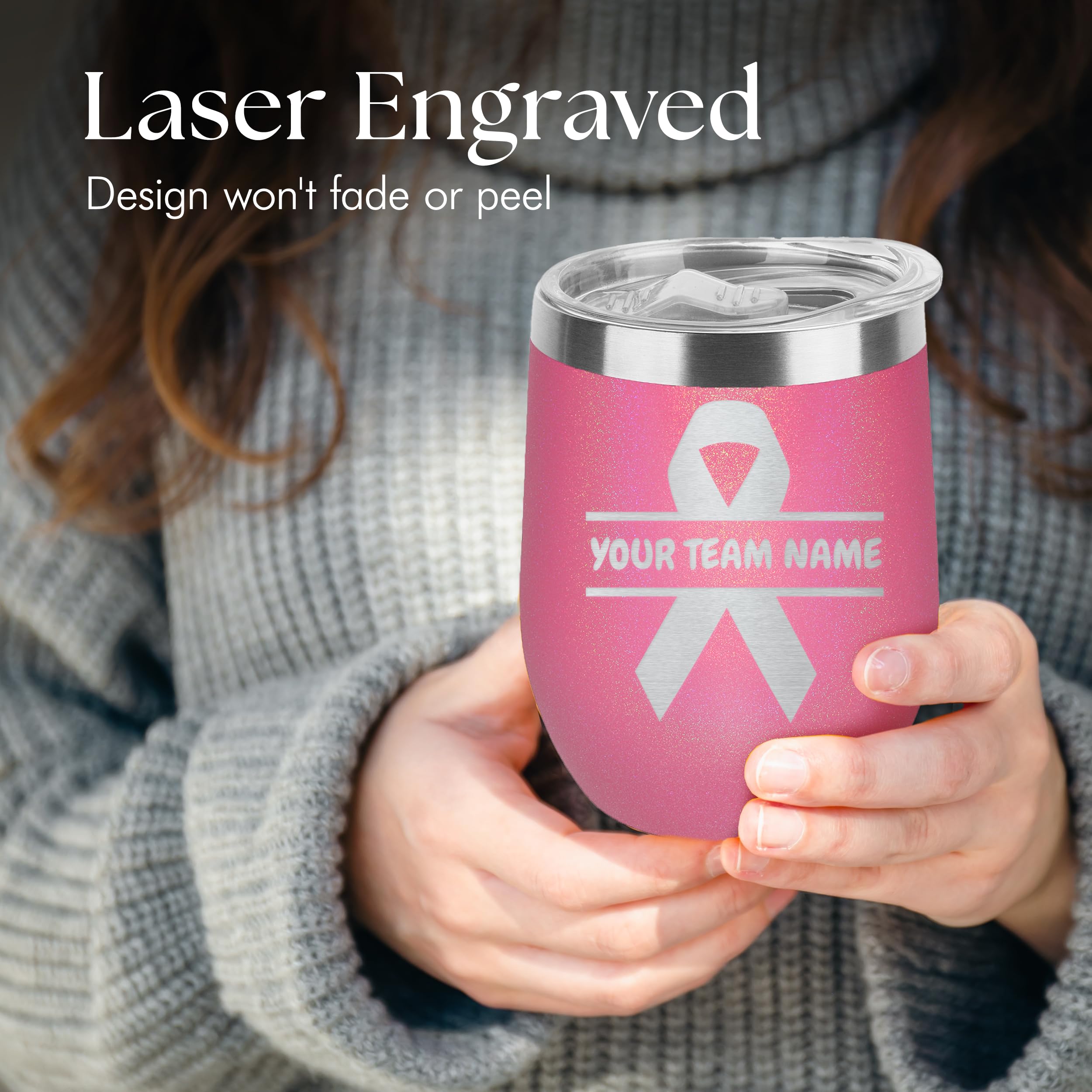 Personalized Custom Breast Cancer Ribbon Your Name Engraved Insulated Stainless Steel Wine Tumbler with Lid 12 oz. Gift for Her (Sparkly Pink)
