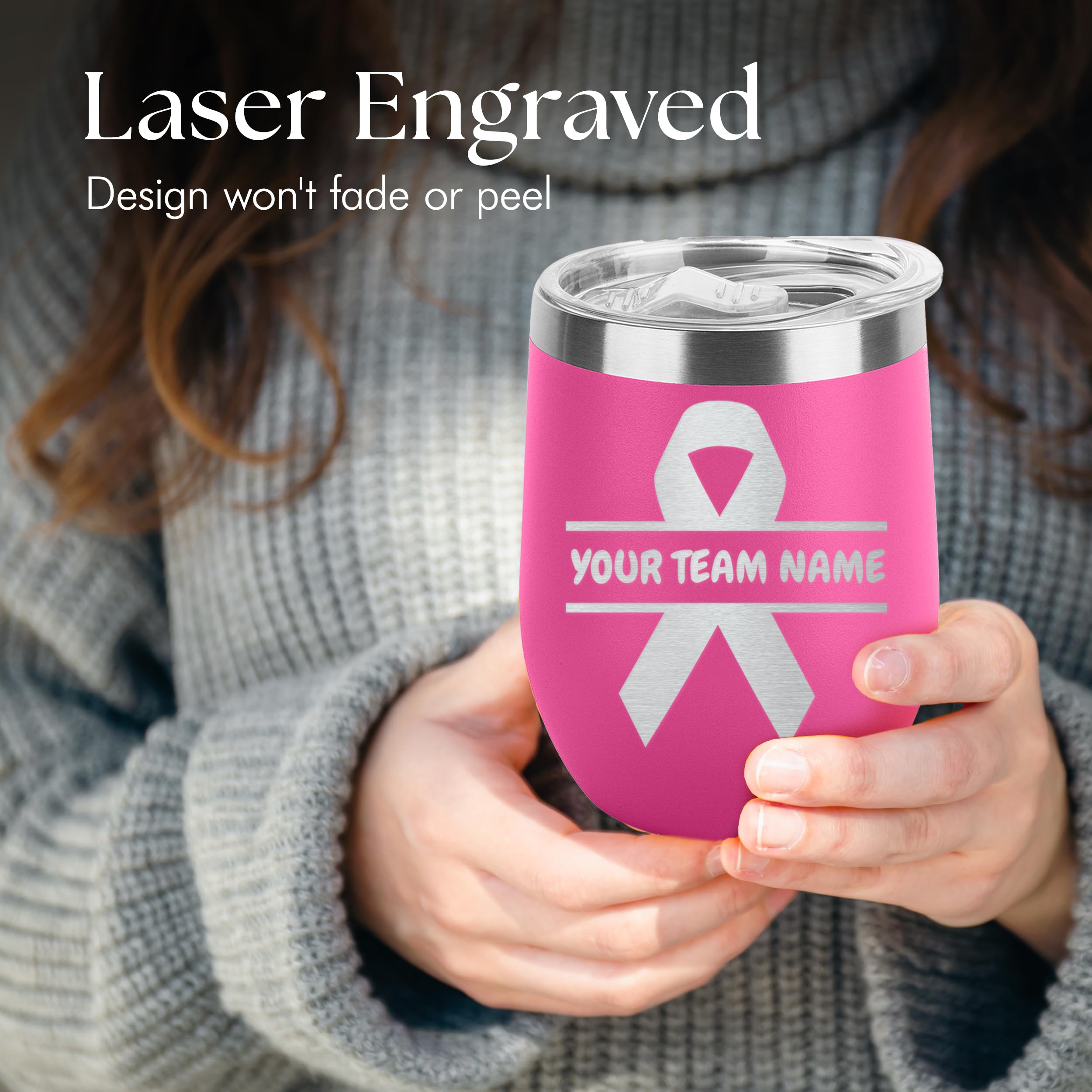 Personalized Custom Breast Cancer Ribbon Your Name Engraved Insulated Stainless Steel Wine Tumbler with Lid 12 oz. Gift for Her (Pink)