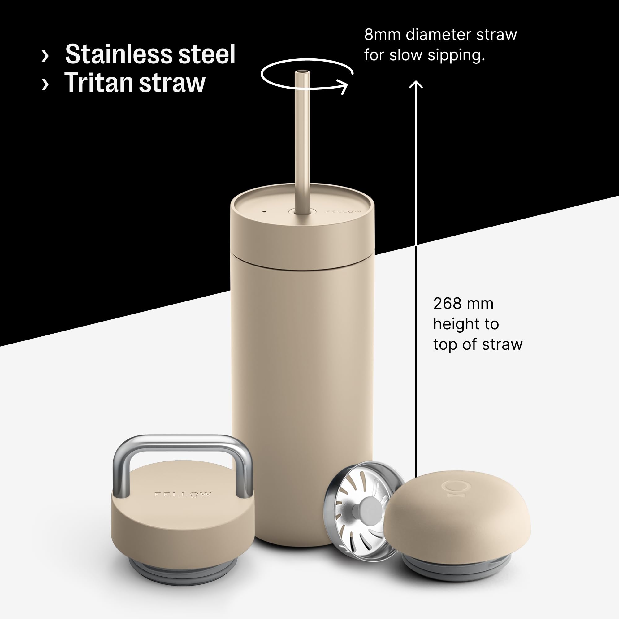 Fellow 16 oz Carter Bundle (3 in 1) Travel Mug with Carry Handle, Move & Cold Lids with Straw - To-Go Coffee Tumbler, Ceramic Interior & Vacuum-Insulated Stainless Steel - Coffee Cups-Sand Dune