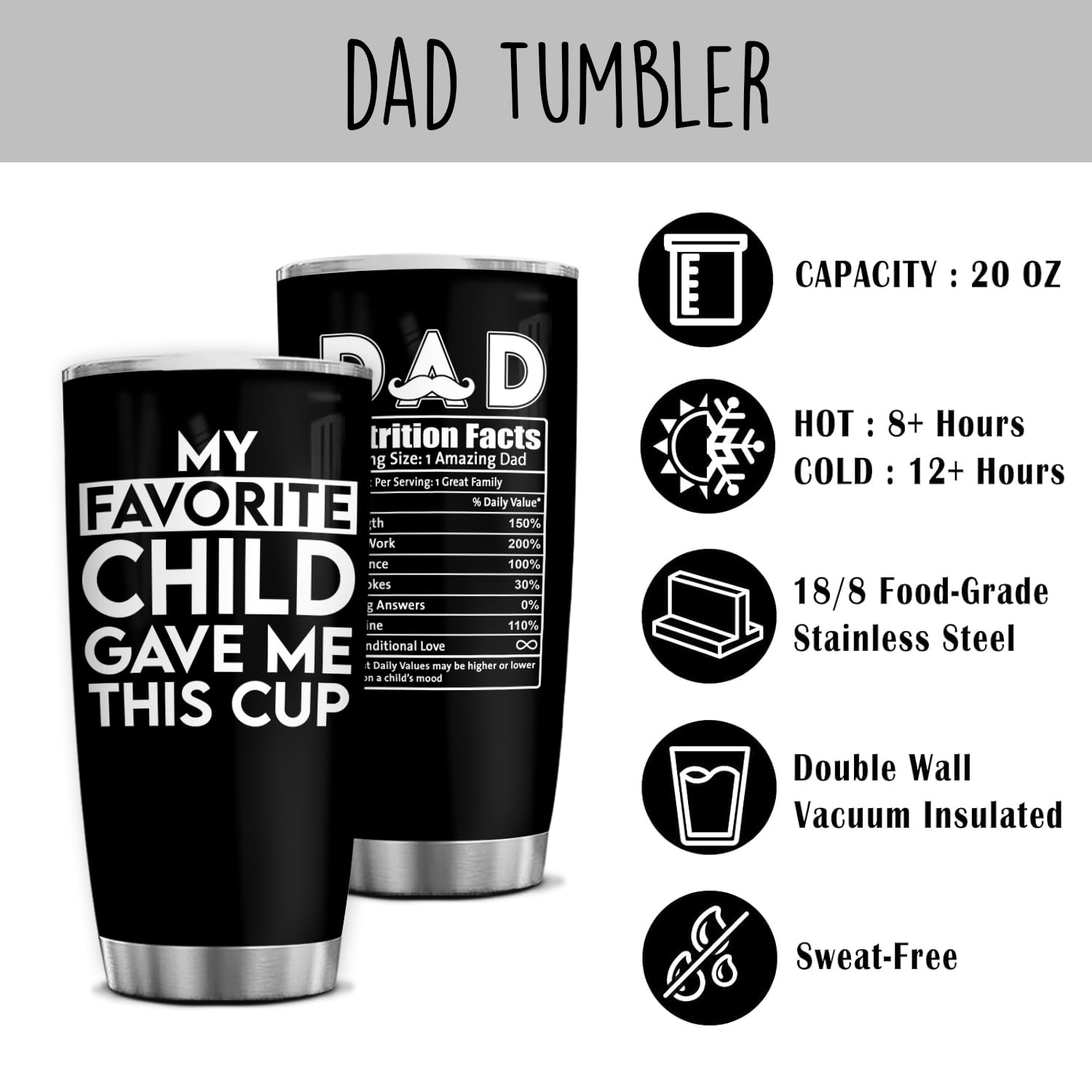 FROOBLEQUIRK 20 Oz Stainless Steel Tumbler for Dad – Funny Birthday Gift from Daughter or Son, Christmas & Father's Day