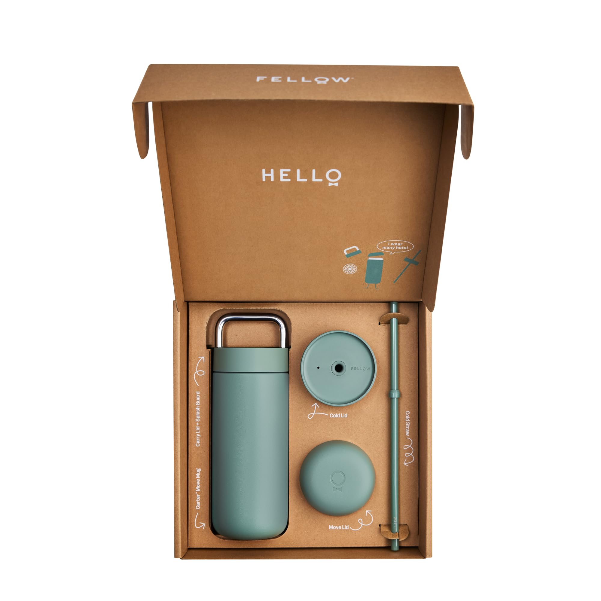 Fellow 16 oz Carter Bundle (3 in 1) Travel Mug with Carry Handle, Move & Cold Lids with Straw - To-Go Coffee Tumbler, Ceramic Interior & Vacuum-Insulated Stainless Steel - Coffee Cups-Smoke Green