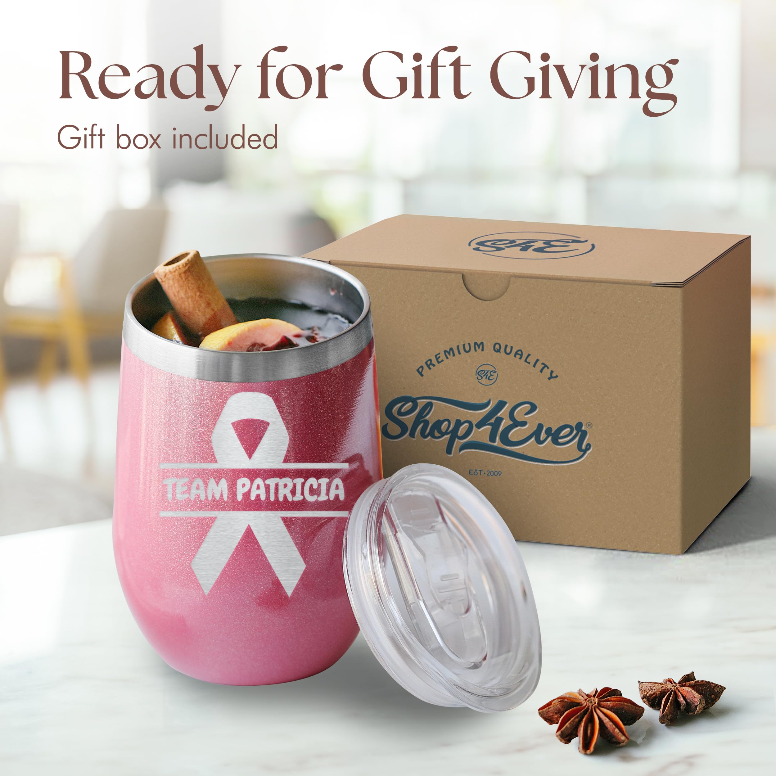 Personalized Custom Breast Cancer Ribbon Your Name Engraved Insulated Stainless Steel Wine Tumbler with Lid 12 oz. Gift for Her (Sparkly Pink)