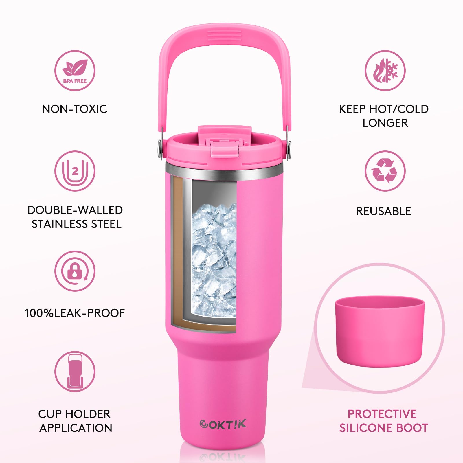 COKTIK 40 oz Tumbler with Handle and Straw, Double Insulated Tumblers with Flip Straw and Top Handle, Leakproof Tumbler, Stanley Cup, Insulated Water Bottle (Fuscia)