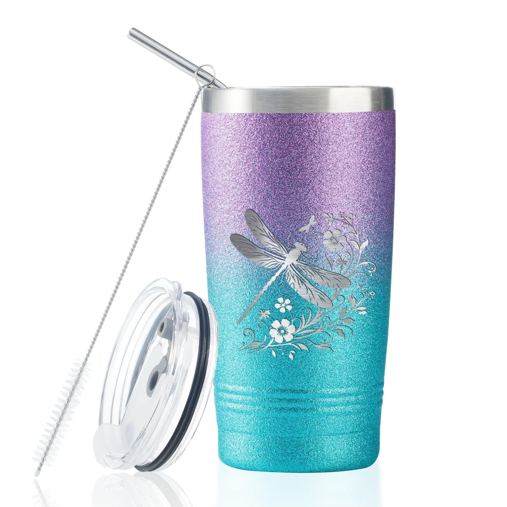 Onebttl Dragonfly Gifts, Dragonfly Coffee Travel Mug for Dragonfly Lovers, Men, Women, Daughter - Stainless Steel 20Oz Tumbler Glitter Purple and Blue
