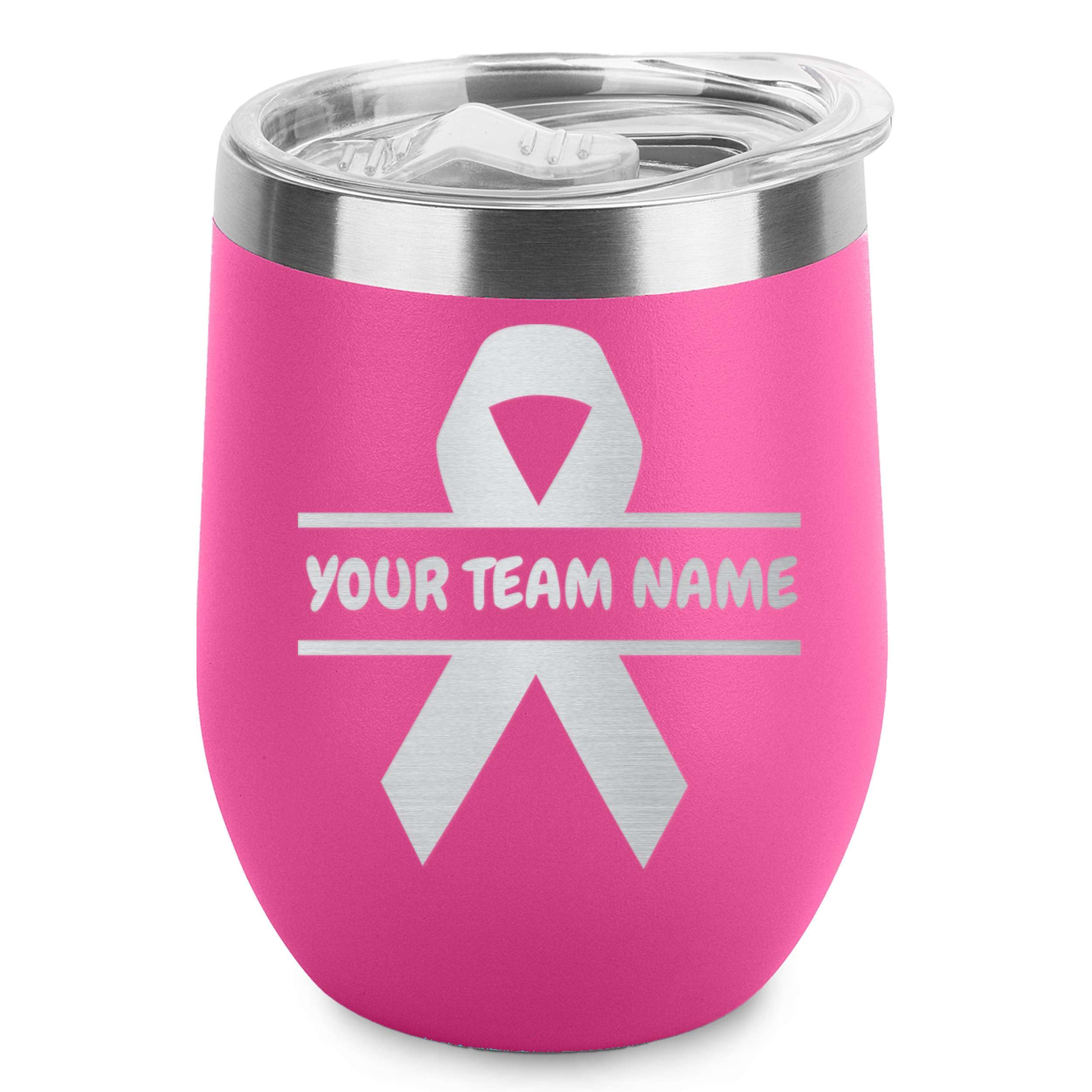Personalized Custom Breast Cancer Ribbon Your Name Engraved Insulated Stainless Steel Wine Tumbler with Lid 12 oz. Gift for Her (Pink)