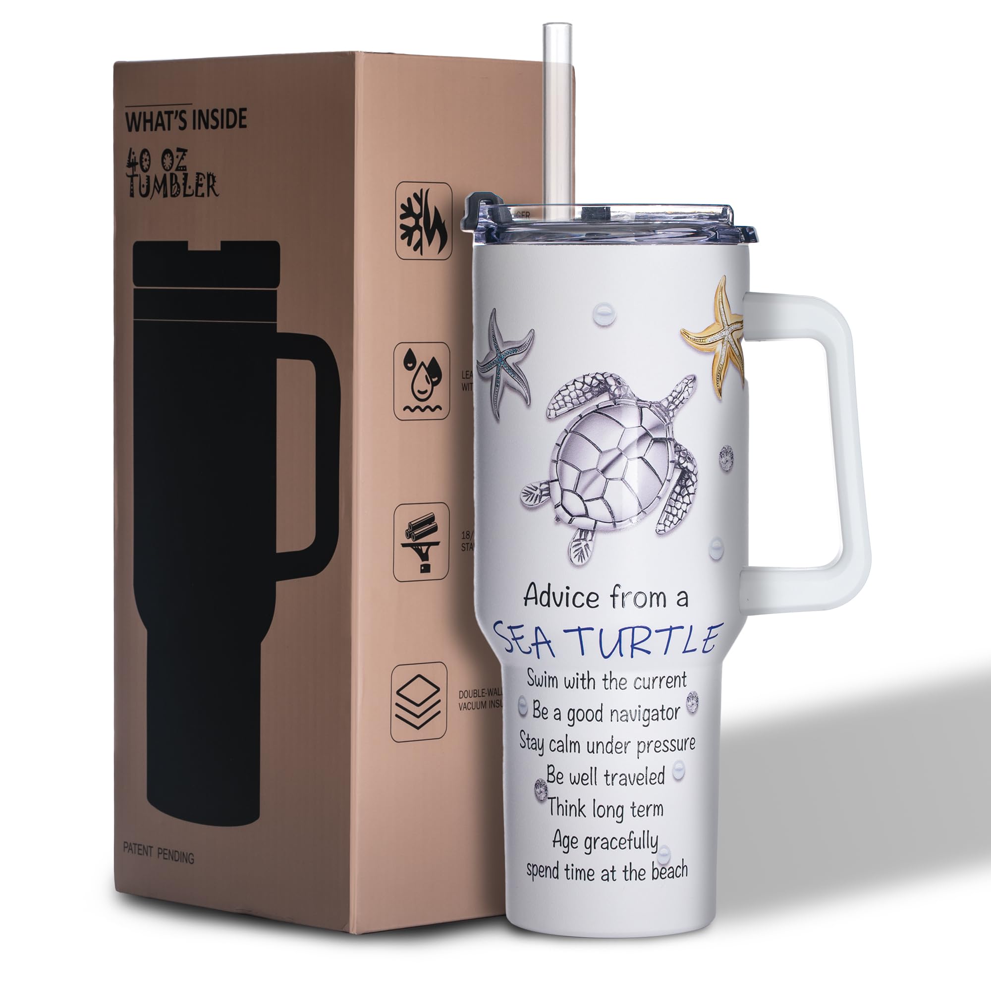 Gome 40 oz Sea Turtle Tumbler with Handle - Insulated Stainless Steel Ocean-Themed Cup with Lid and Straw - Keeps Drinks Cold and Hot,Birthday Gifts for Women - Hand Wash Only