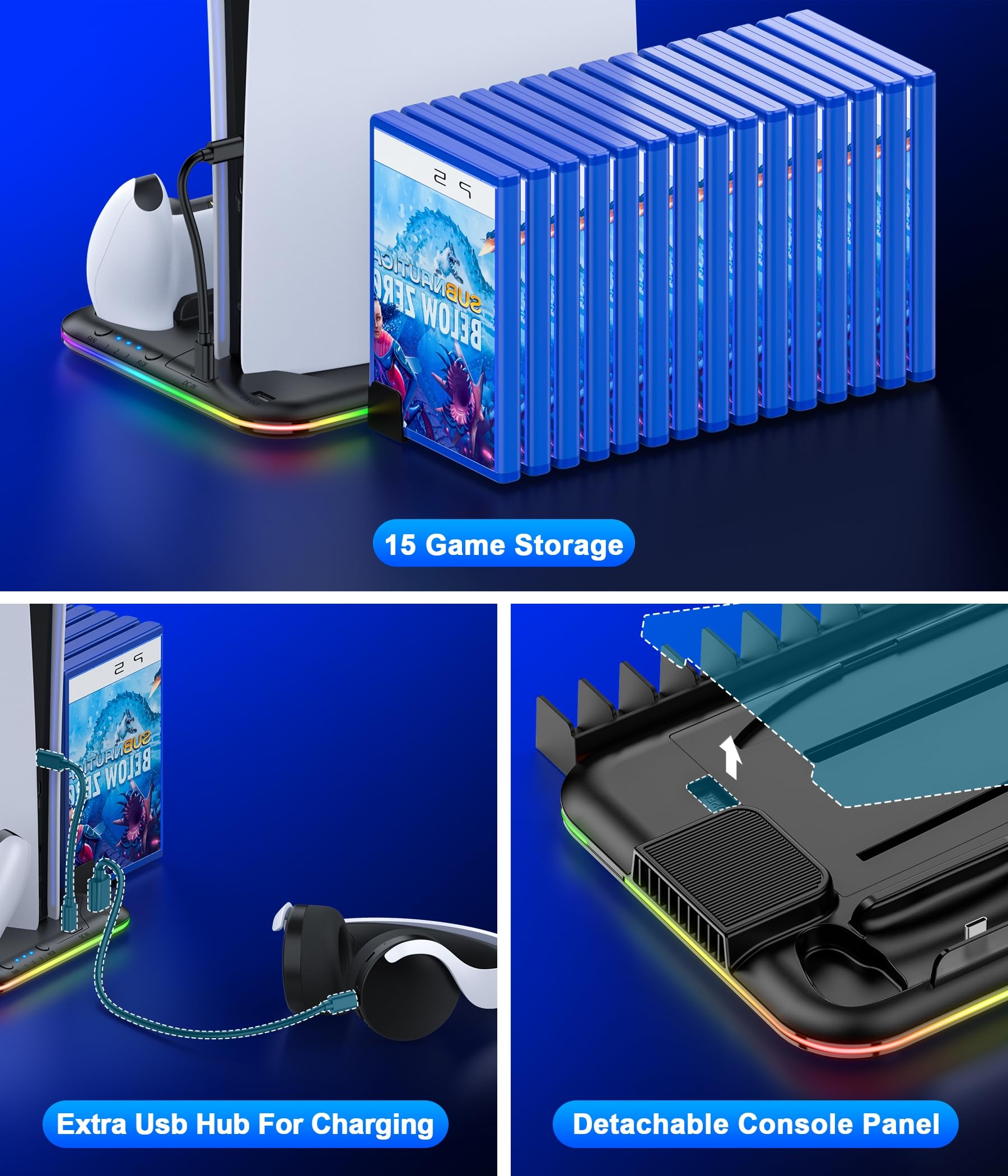 PS5/PS5 Slim Stand and Cooling Station with Controller Charging Station for Playsation 5, PS5 Accessories Kit Incl. 3 Levels Cooling Fan, LED, 15 Game Slot, Headset Holder for PS5 Digital/Disc Console