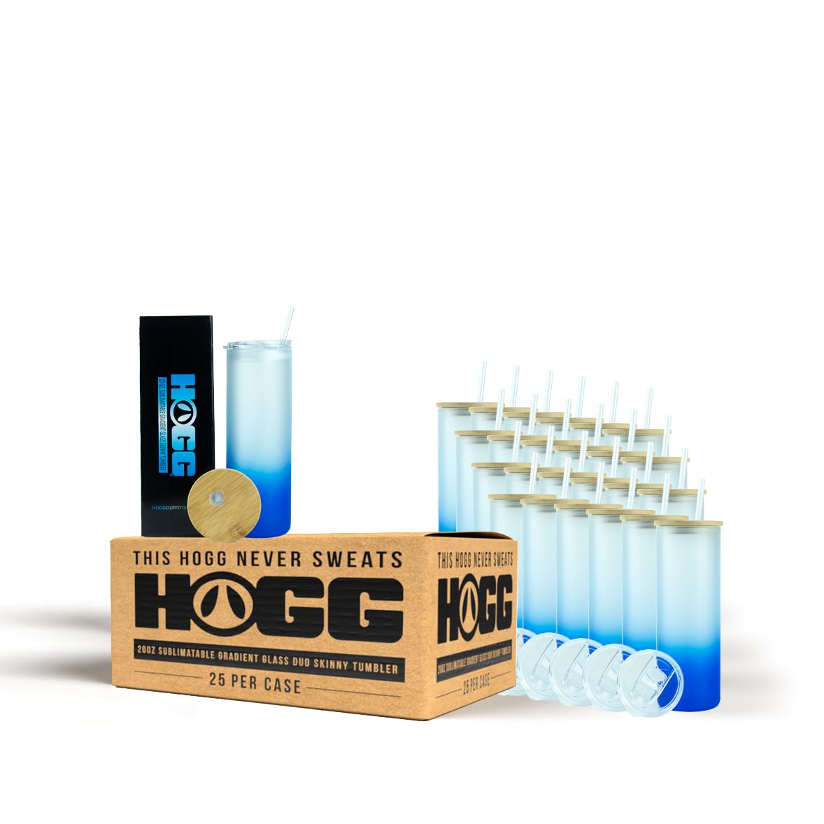 Hogg 20oz Sublimation Glass Cups - Blue Gradient Duo (25 Units), Comes with 2 Lids, Frosted Glass Cups with Lids and Straws Bulk, Sublimation Blanks Bulk, Frosted Sublimation Glass with Bamboo Lid
