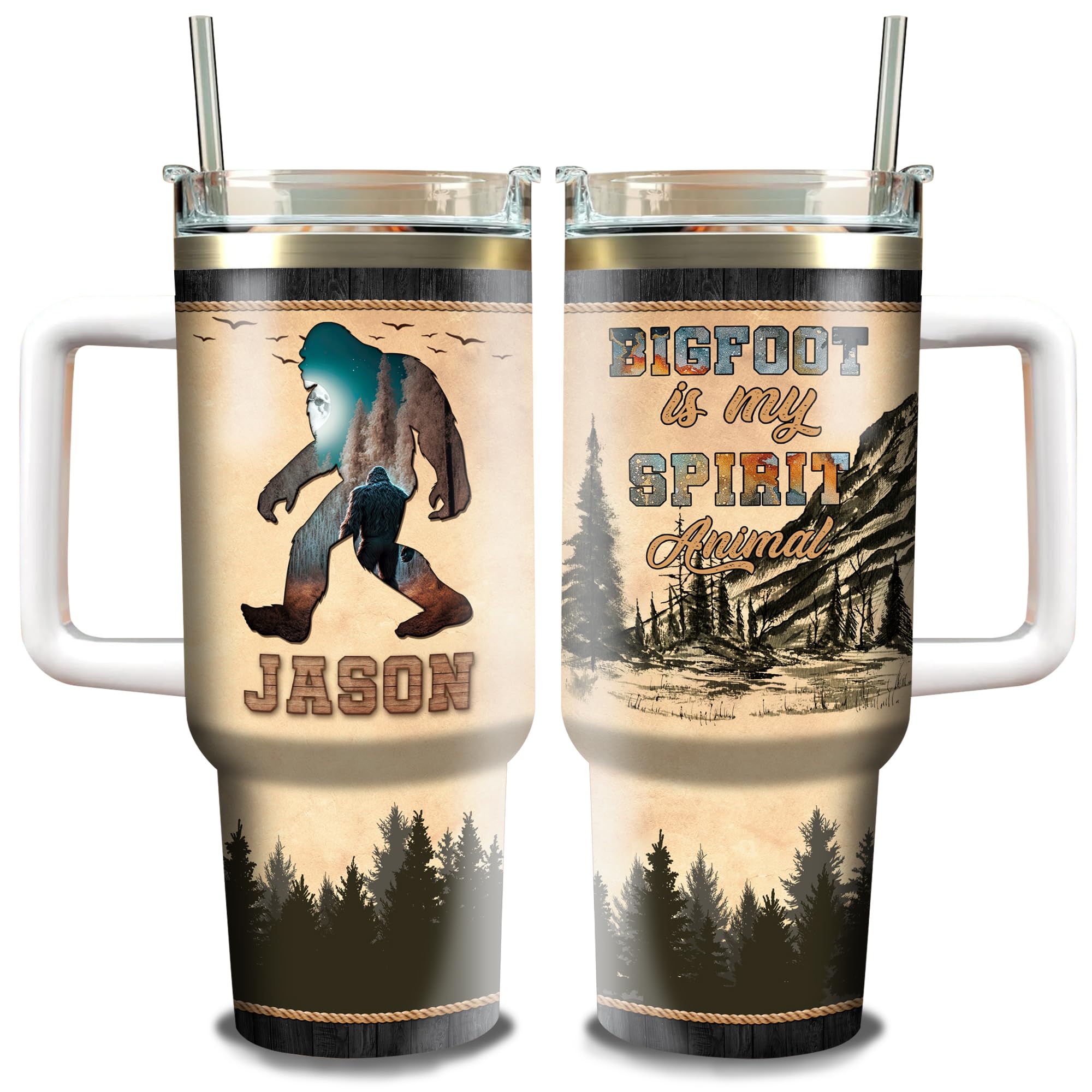 WAZONE Personalized Bigfoot Cup With Lid Custom Name Tumbler 40oz with Handle and Straw Stainless Steel Double Wall Vacuum Thermos Travel Mug Birthday Christmas Presents Gift For Men Women