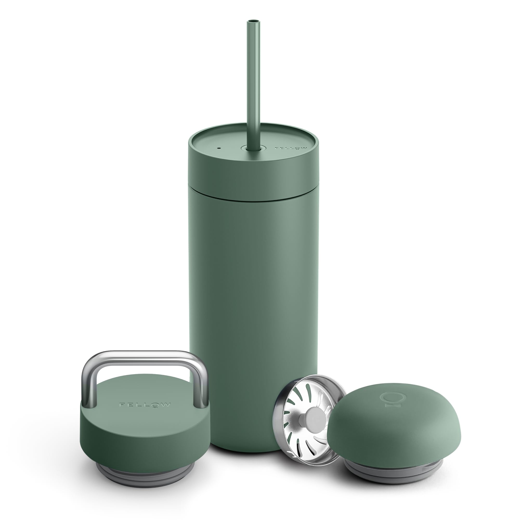 Fellow 16 oz Carter Bundle (3 in 1) Travel Mug with Carry Handle, Move & Cold Lids with Straw - To-Go Coffee Tumbler, Ceramic Interior & Vacuum-Insulated Stainless Steel - Coffee Cups-Smoke Green