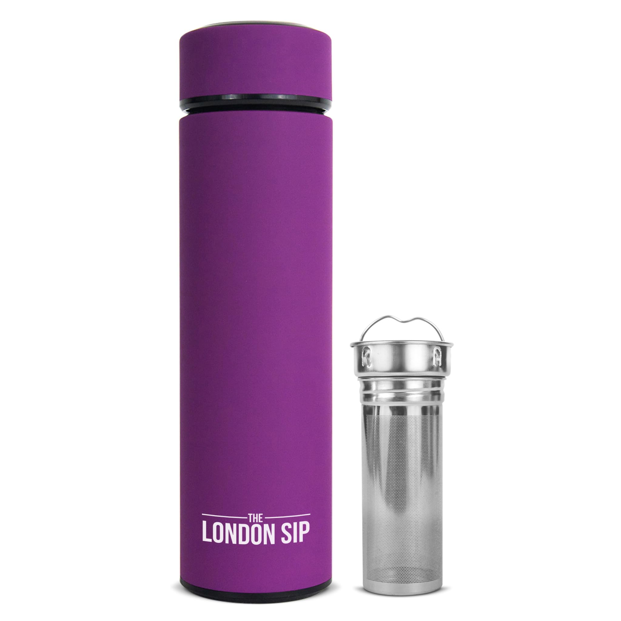 London Sip Multi-Purpose Travel Mug and Tumbler Fruit Infused Flask Hot and Cold Double Wall Stainless Steel Thermos with Extra-Long Infuser, Purple