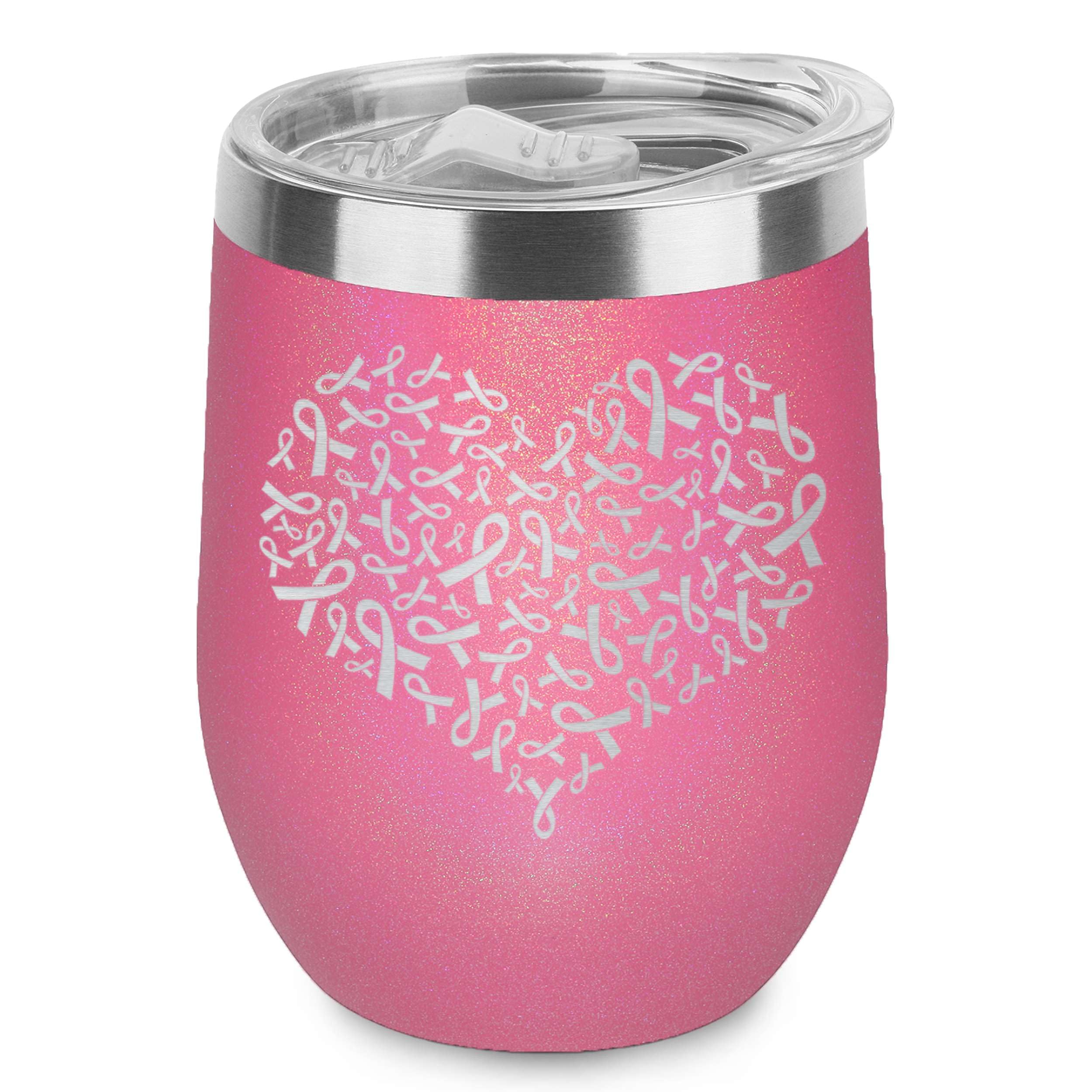 shop4ever Breast Cancer Awareness Pink Ribbon Heart Engraved Insulated Stainless Steel Wine Tumbler with Lid 12 oz. Gift for Her (Sparkly Pink)