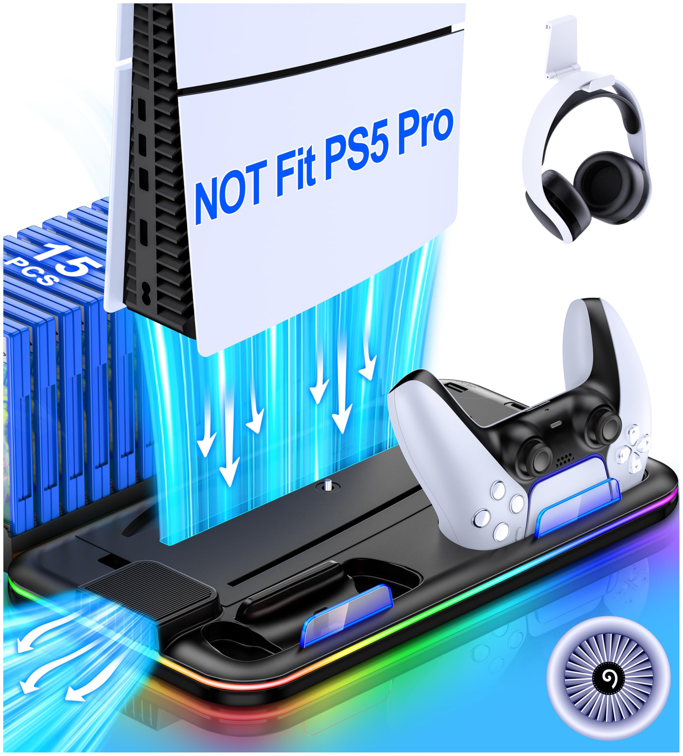 PS5/PS5 Slim Stand and Cooling Station with Controller Charging Station for Playsation 5, PS5 Accessories Kit Incl. 3 Levels Cooling Fan, LED, 15 Game Slot, Headset Holder for PS5 Digital/Disc Console