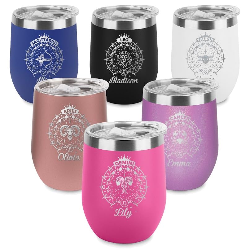 Custom Your Name Astrology Sign Zodiac Constellation Engraved Insulated Stainless Steel Wine Tumbler with Lid 12 oz. Personalized Horoscope Birthday Gift for Her