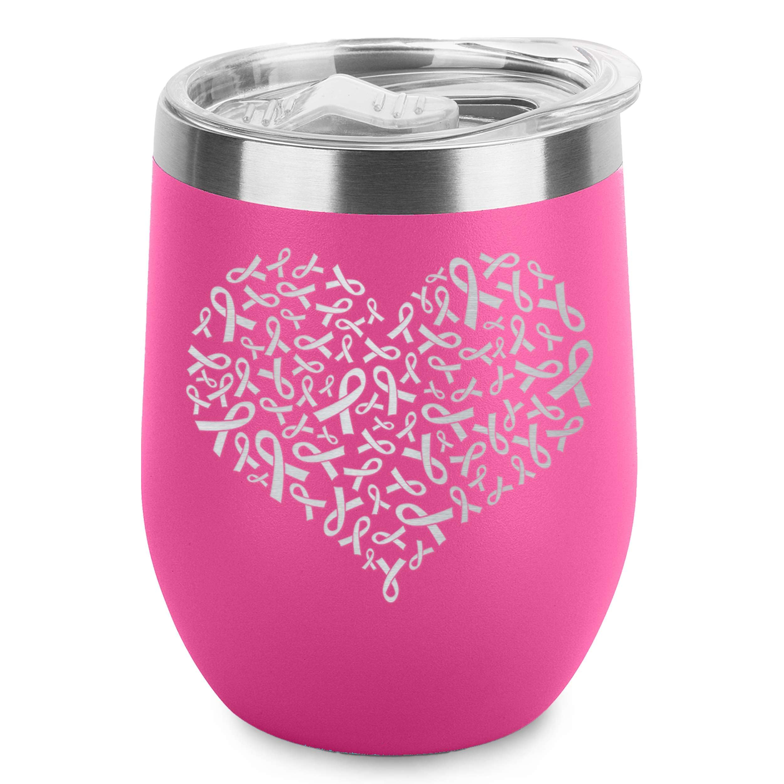 shop4ever Breast Cancer Awareness Pink Ribbon Heart Engraved Insulated Stainless Steel Wine Tumbler with Lid 12 oz. Gift for Her (Pink)