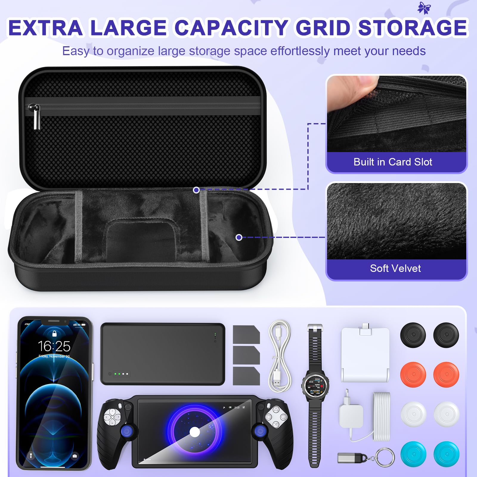 FYOUNG Accessories Kit for PlayStation Portal, Carrying Case Bundle and Magnetic Portable Charger for PS5 Portal with Protective Case, 2 Screen Protectors, Wired Headphone, 8 Thumb Grips (Black)